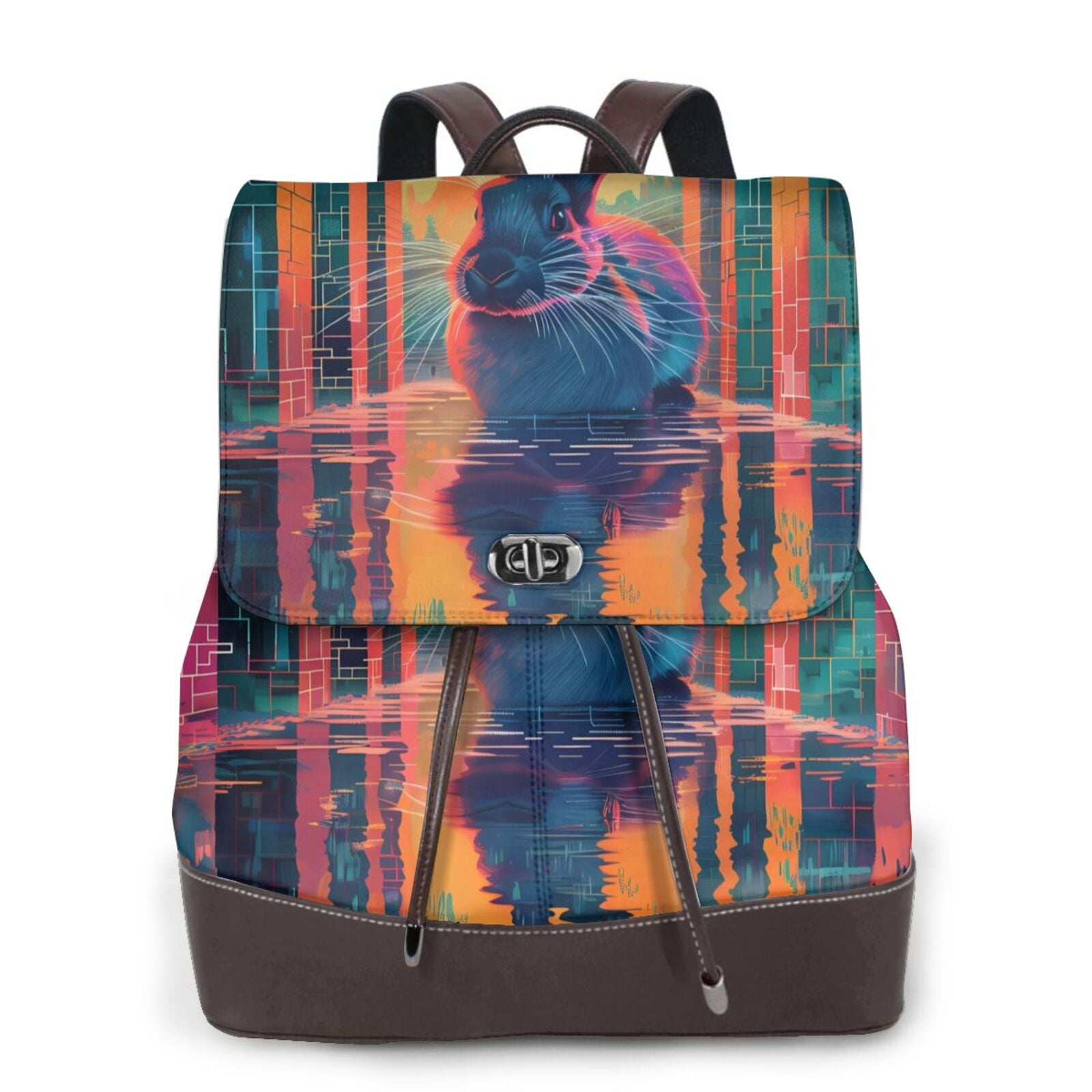 Xecao Neon Rabbit In Archway Print Large Backpack Soft Leather for ...