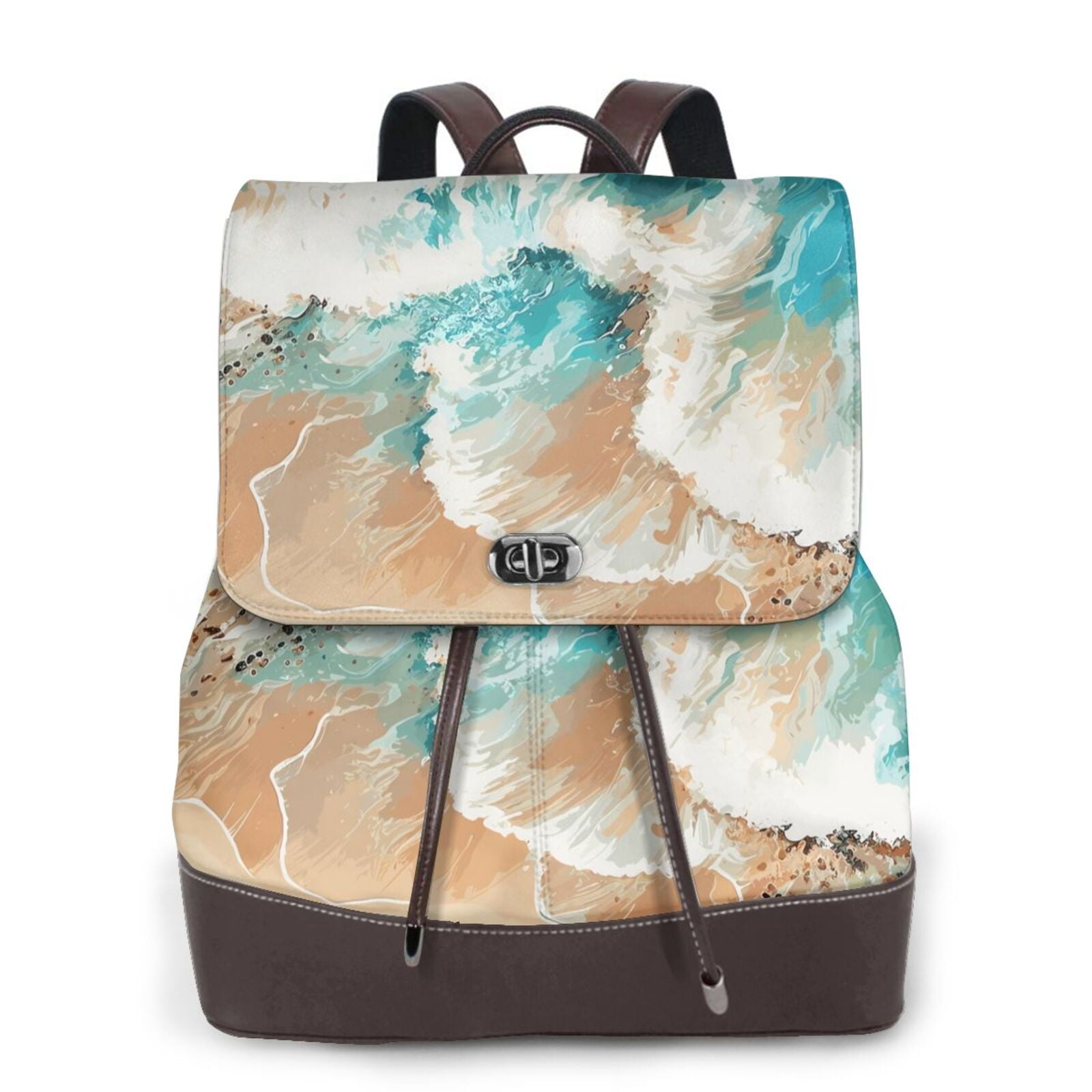Xecao Ocean Wave Crash Print Large Backpack Soft Leather for Women ...