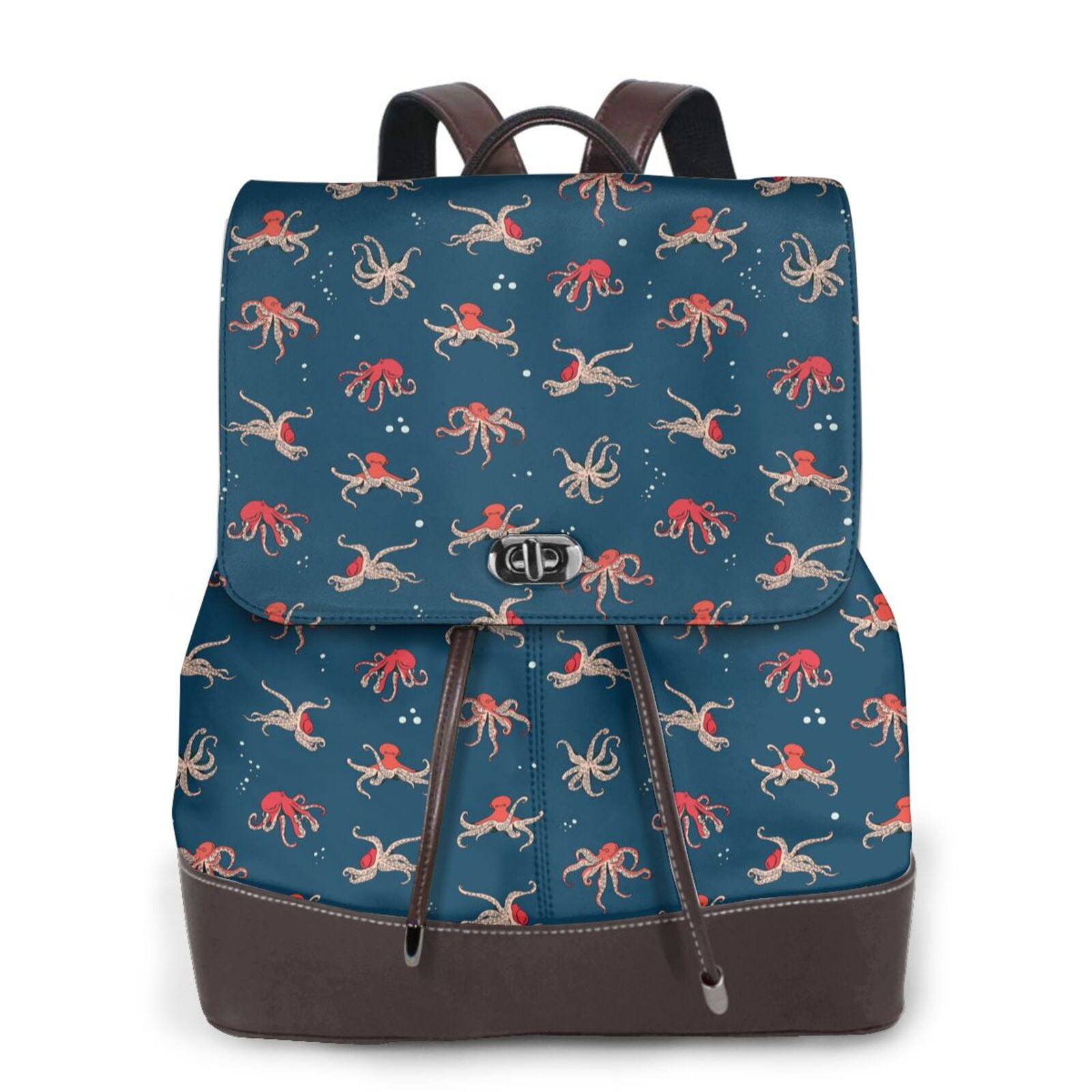 Xecao Octopus Sea Life Print Large Backpack Soft Leather for Women ...