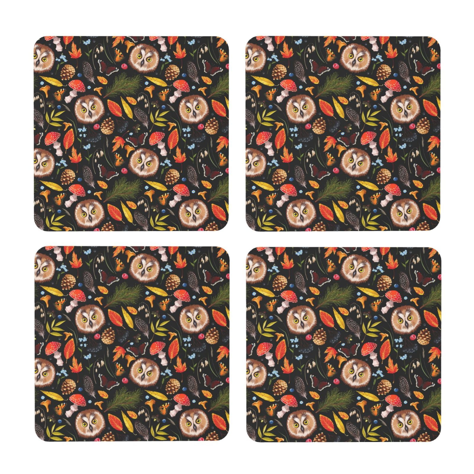 Xecao Owl And Leaves for MDF Cork Coaster 4 Pcs,Drink Coasters,Suit for ...