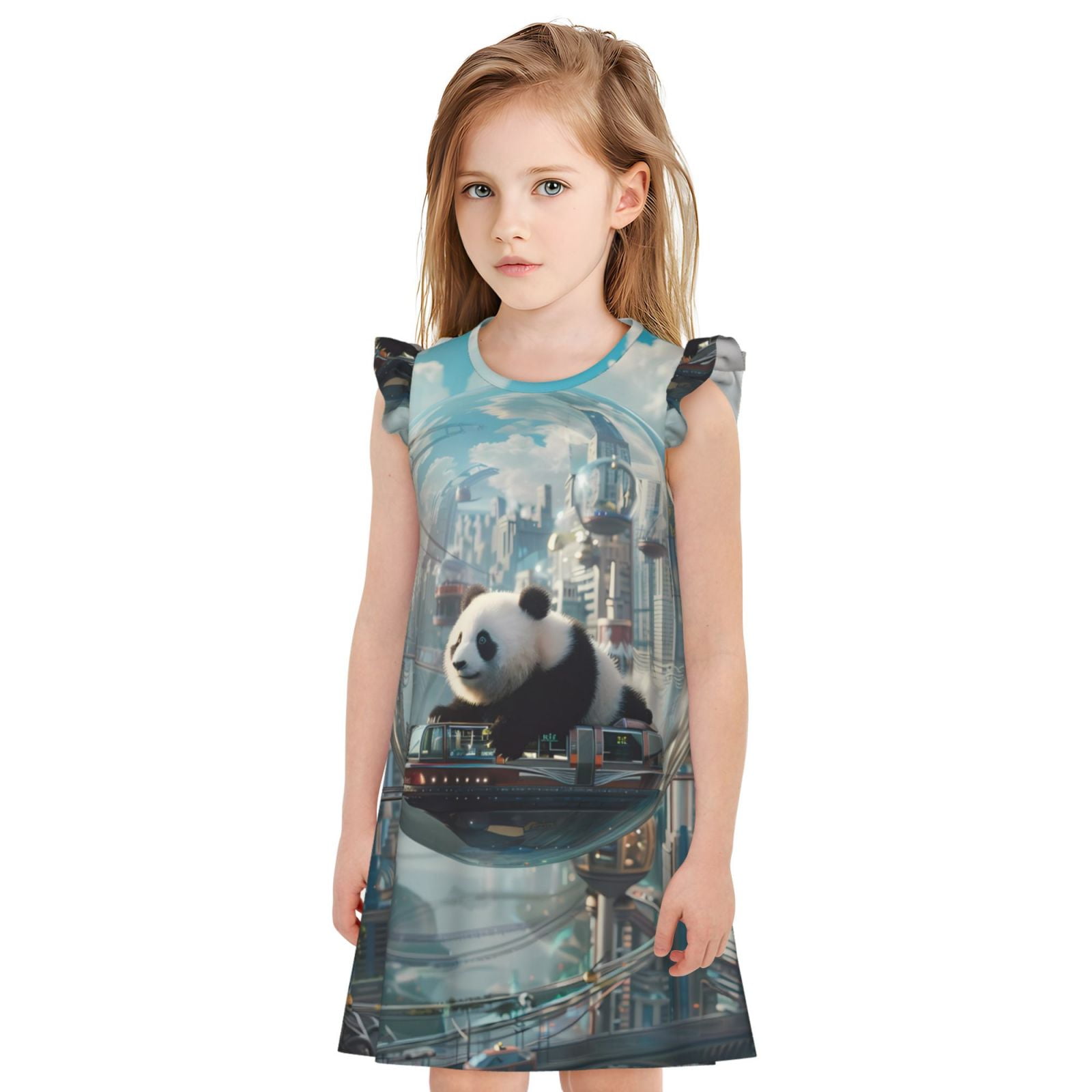 Xecao Panda In Futuristic City Print Pajama Dresses for Girls, Princess ...