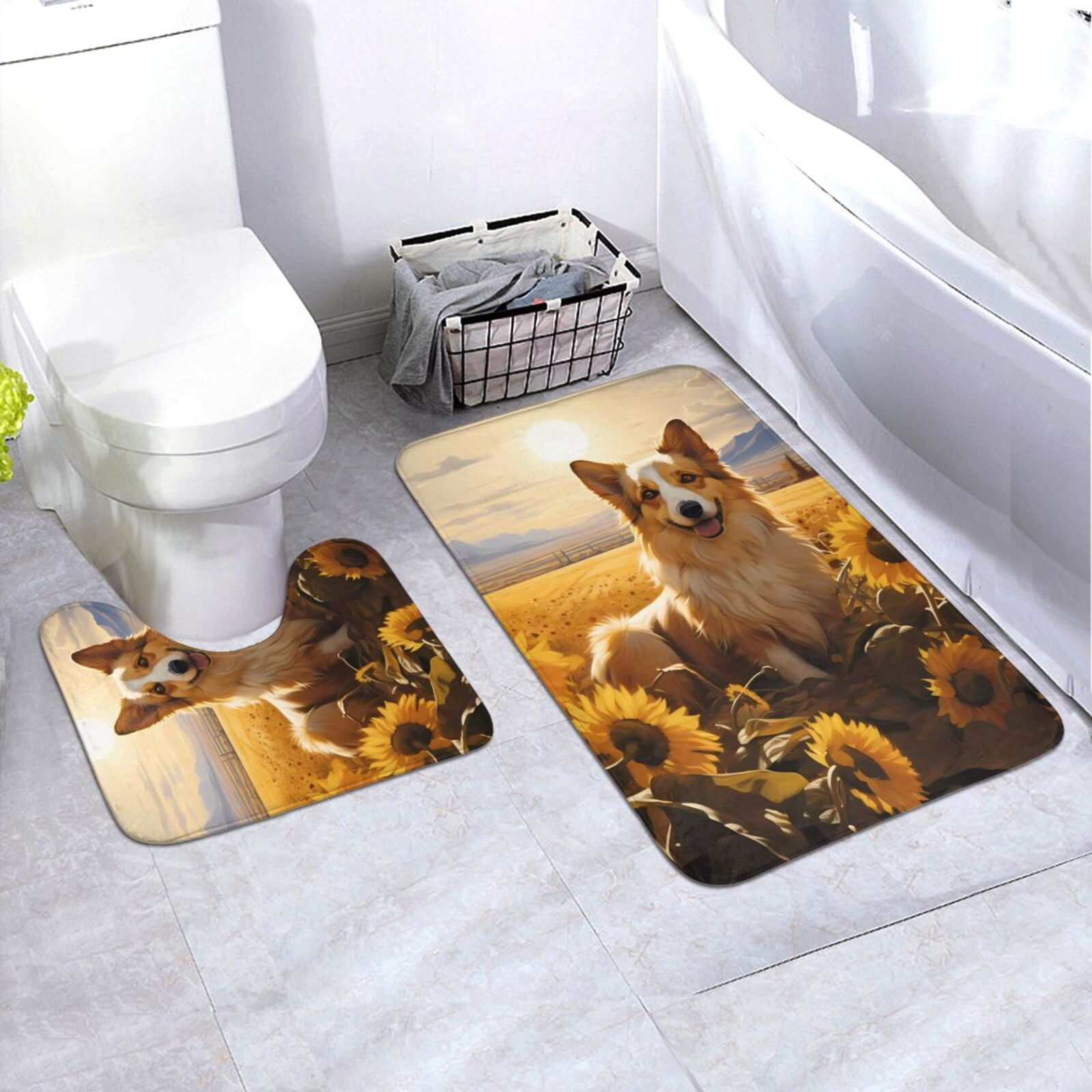 Xecao Pastoral Sunflower Corgi 2-Piece Vintage Seamless Anti-Skid Mat ...