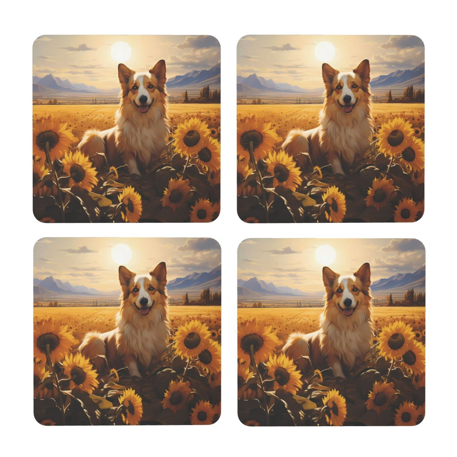 Xecao Pastoral Sunflower Corgi for MDF Cork Coaster 4 Pcs,Drink ...