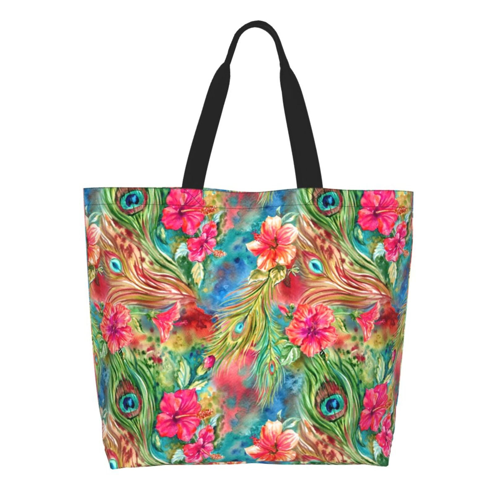 Xecao Peacock Feathers And Flowers for Tote Bag for Women, Tote Shoulder Bag with a littlw ...