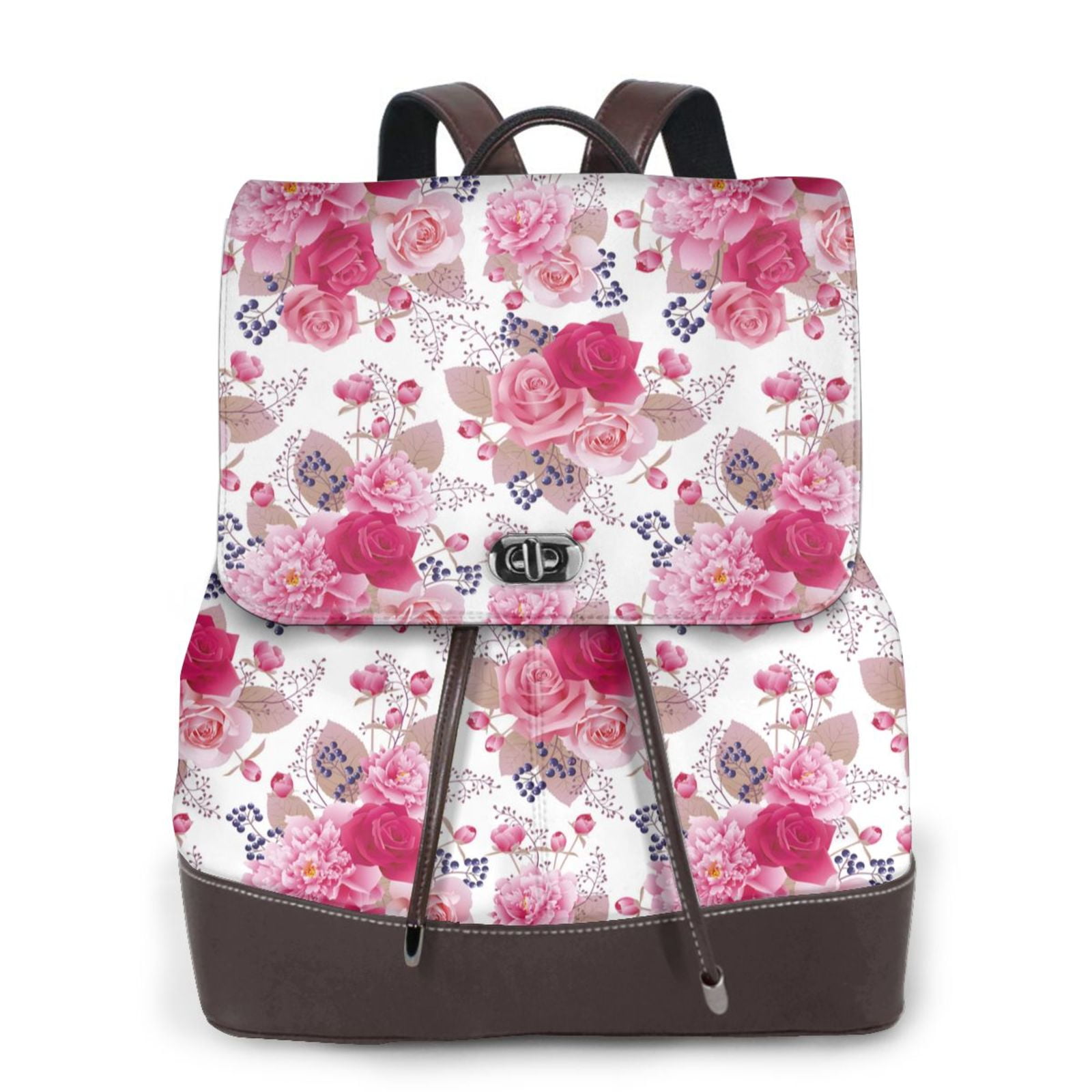 Xecao Peonies And Roses Print Large Backpack Soft Leather for Women ...