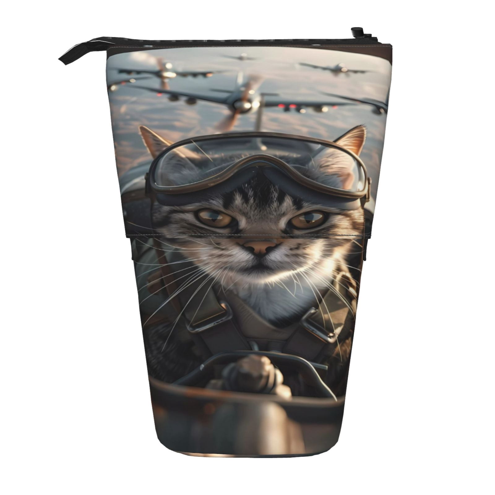Xecao Pilot Cat In Vintage Plane Print Telescopic Pencil Bag Pen Holder ...