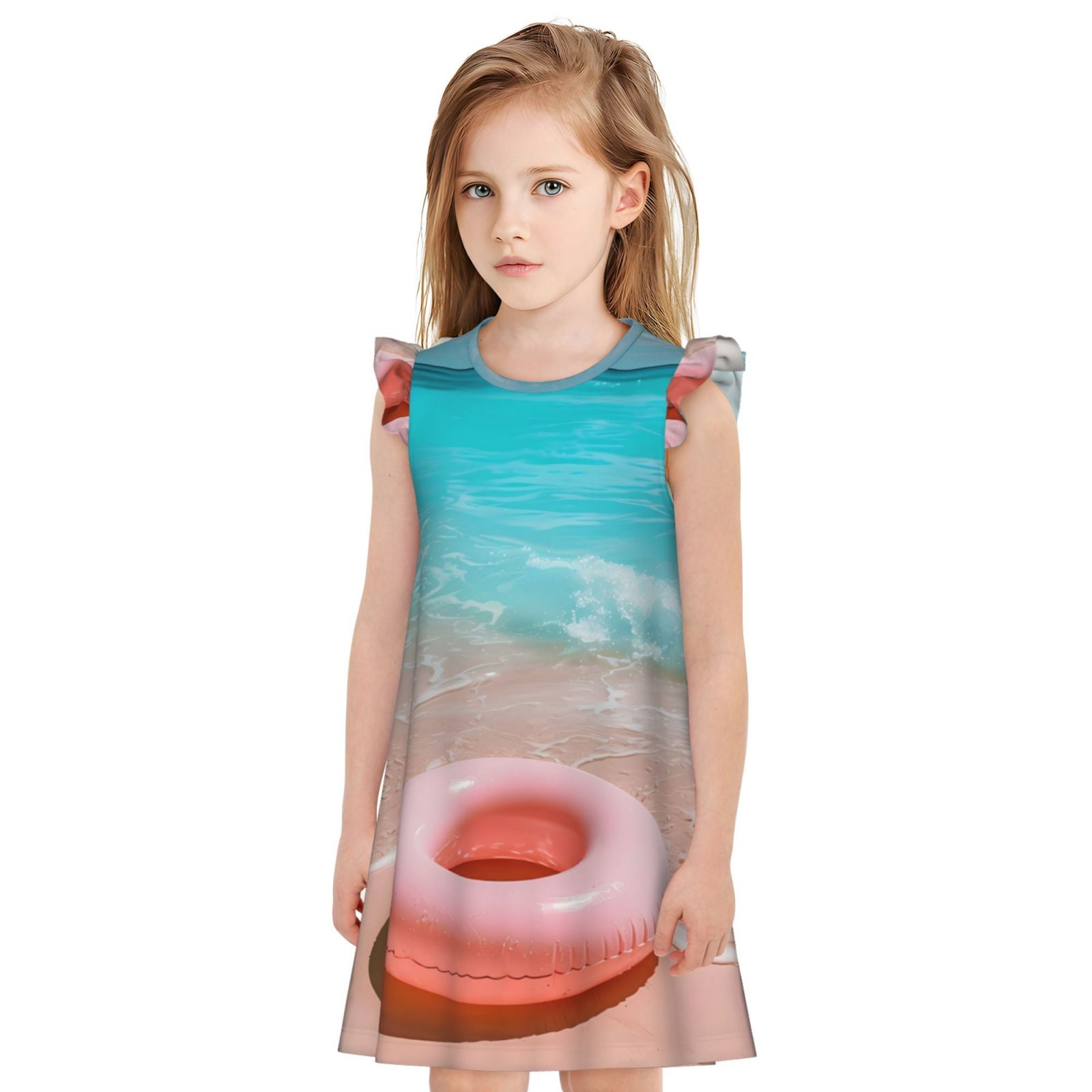 Xecao Pink Float Ring On Beach Print Pajama Dresses for Girls, Princess ...