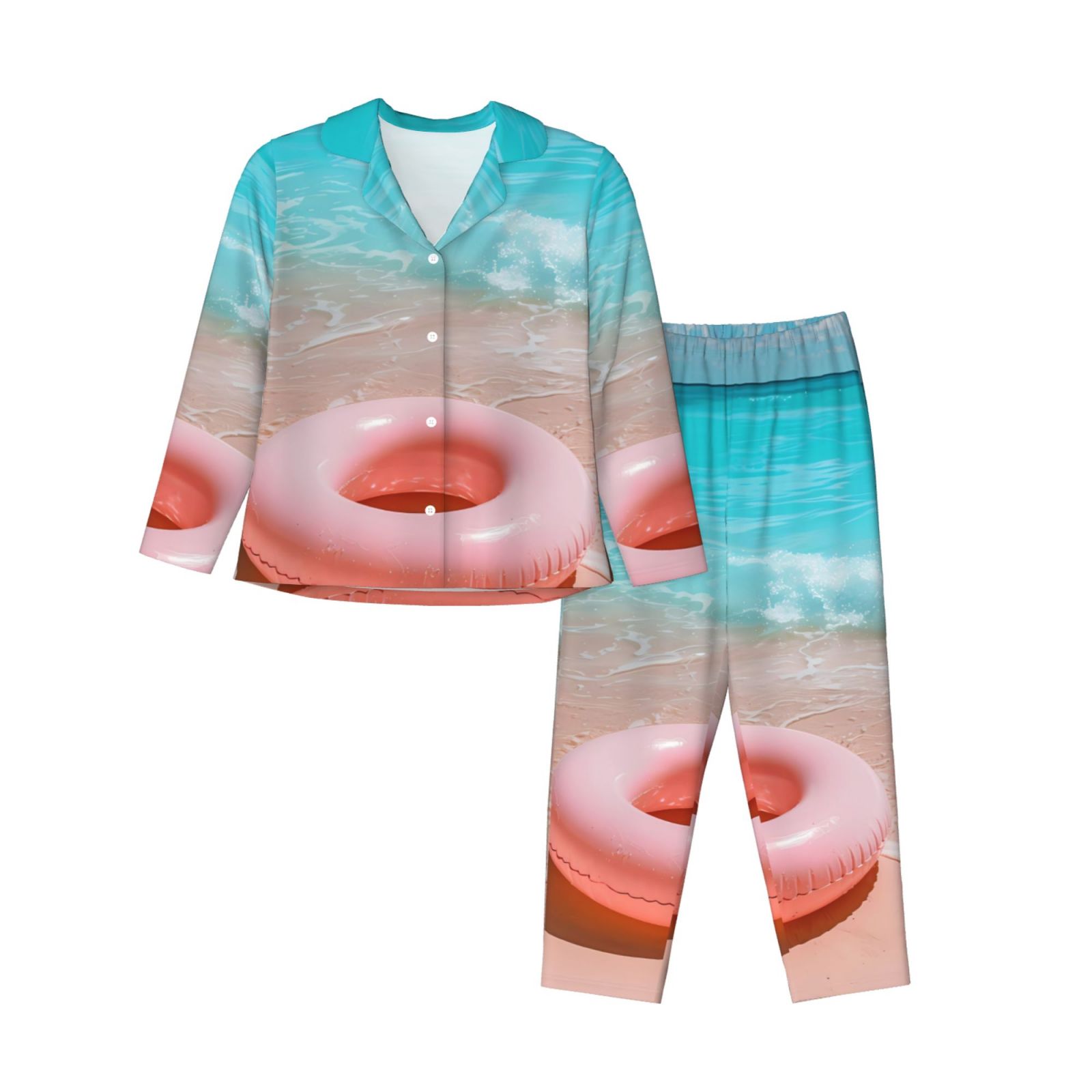 Xecao Pink Float Ring On Beach Print Women Pajamas Set Soft Sleepwear ...