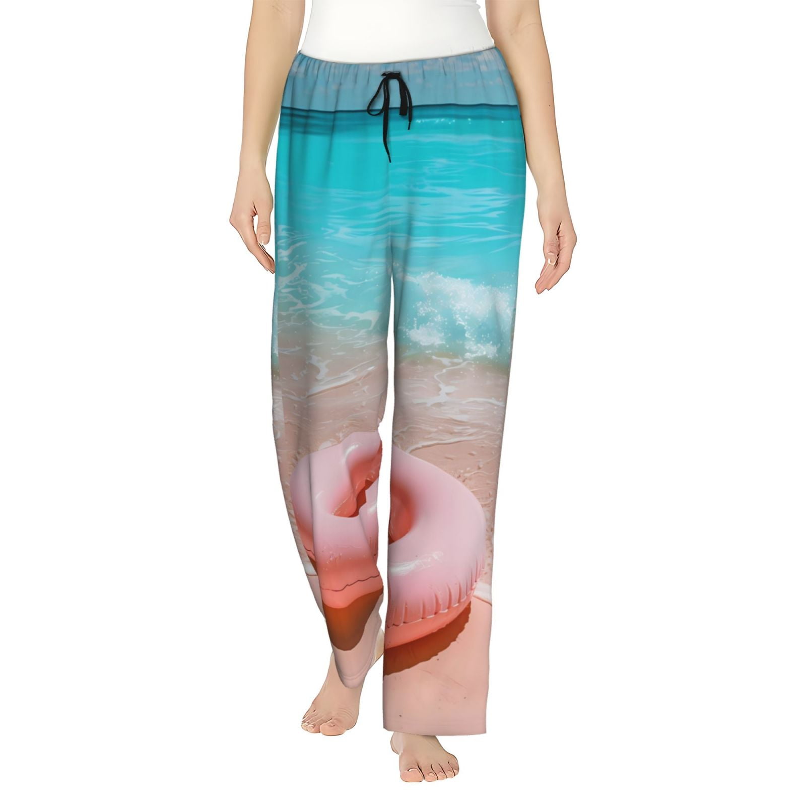 Xecao Pink Float Ring On Beach Print Women's Straight Lounge Pajama ...