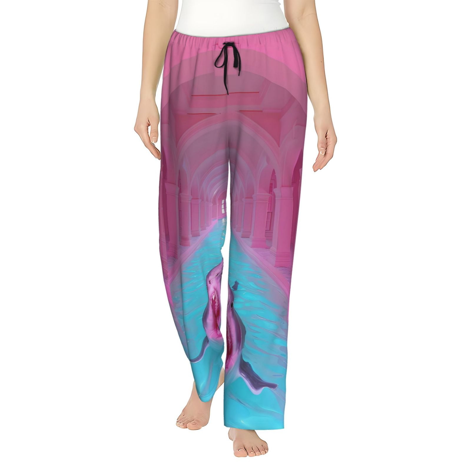 Xecao Pink Shark Pool Fantasy Print Women's Straight Lounge Pajama ...