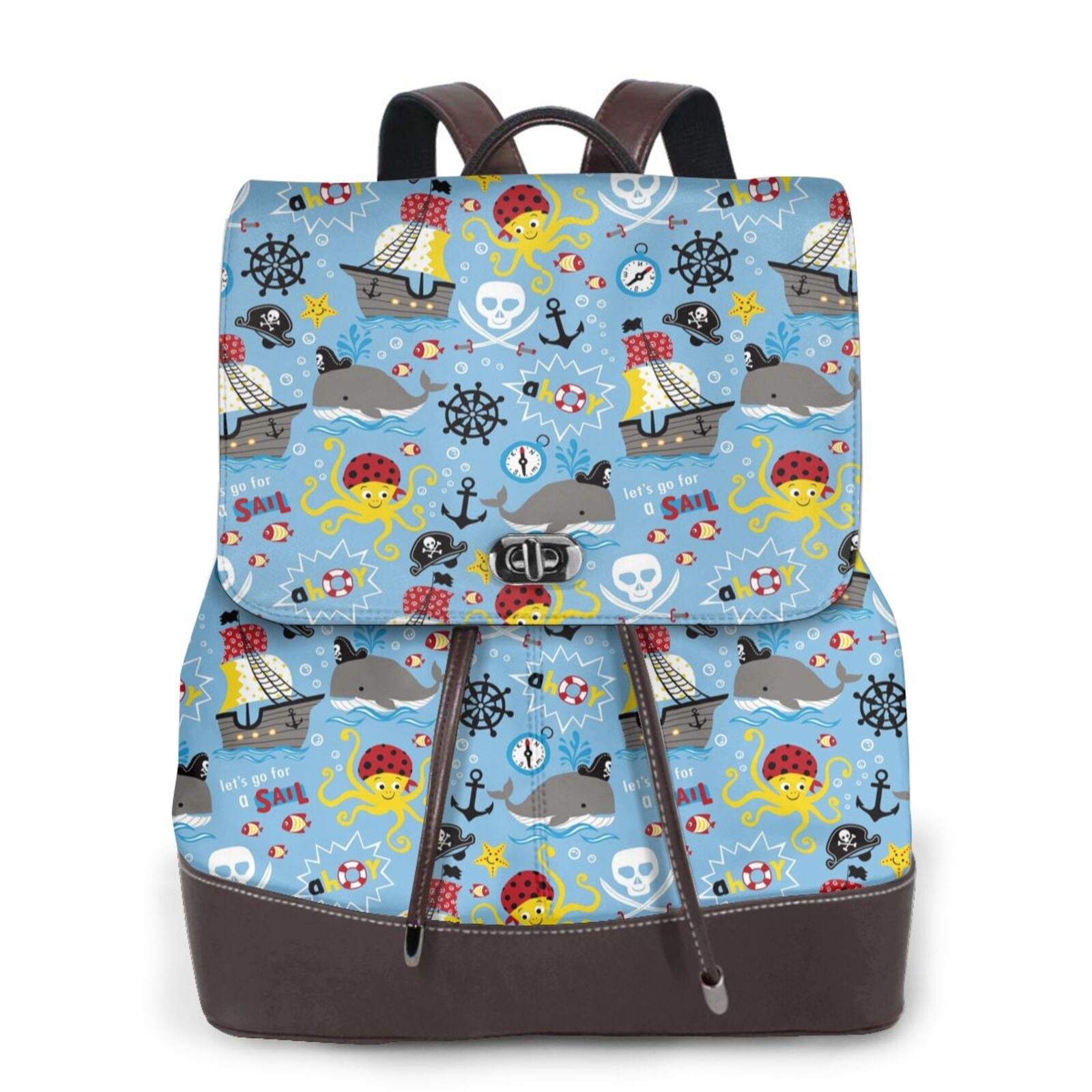 Xecao Pirate Marine Animals Print Large Backpack Soft Leather for Women ...