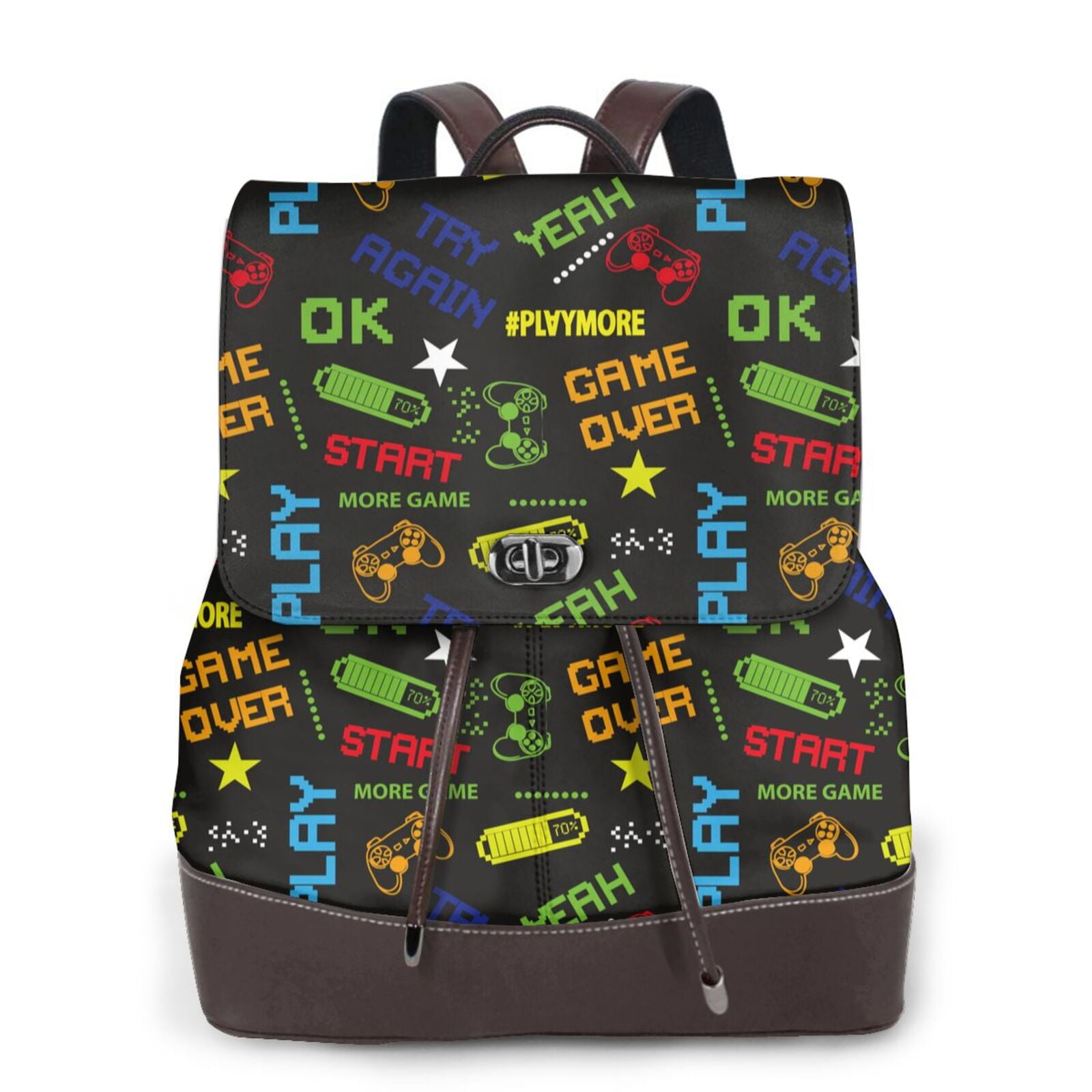 Xecao Pixel Game Print Large Backpack Soft Leather for Women Travel ...