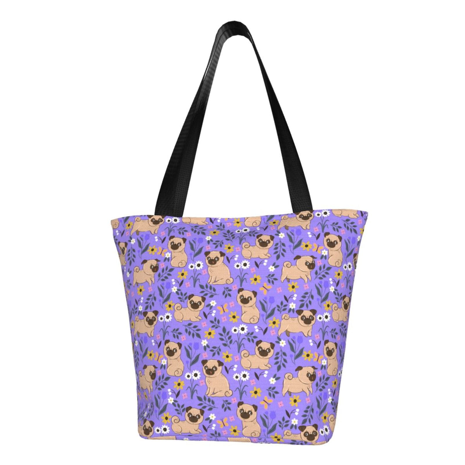 Xecao Pugs and Flowers for Tote Bag for Women -Tote Shoulder Bag with A Little Pocket Inside ...