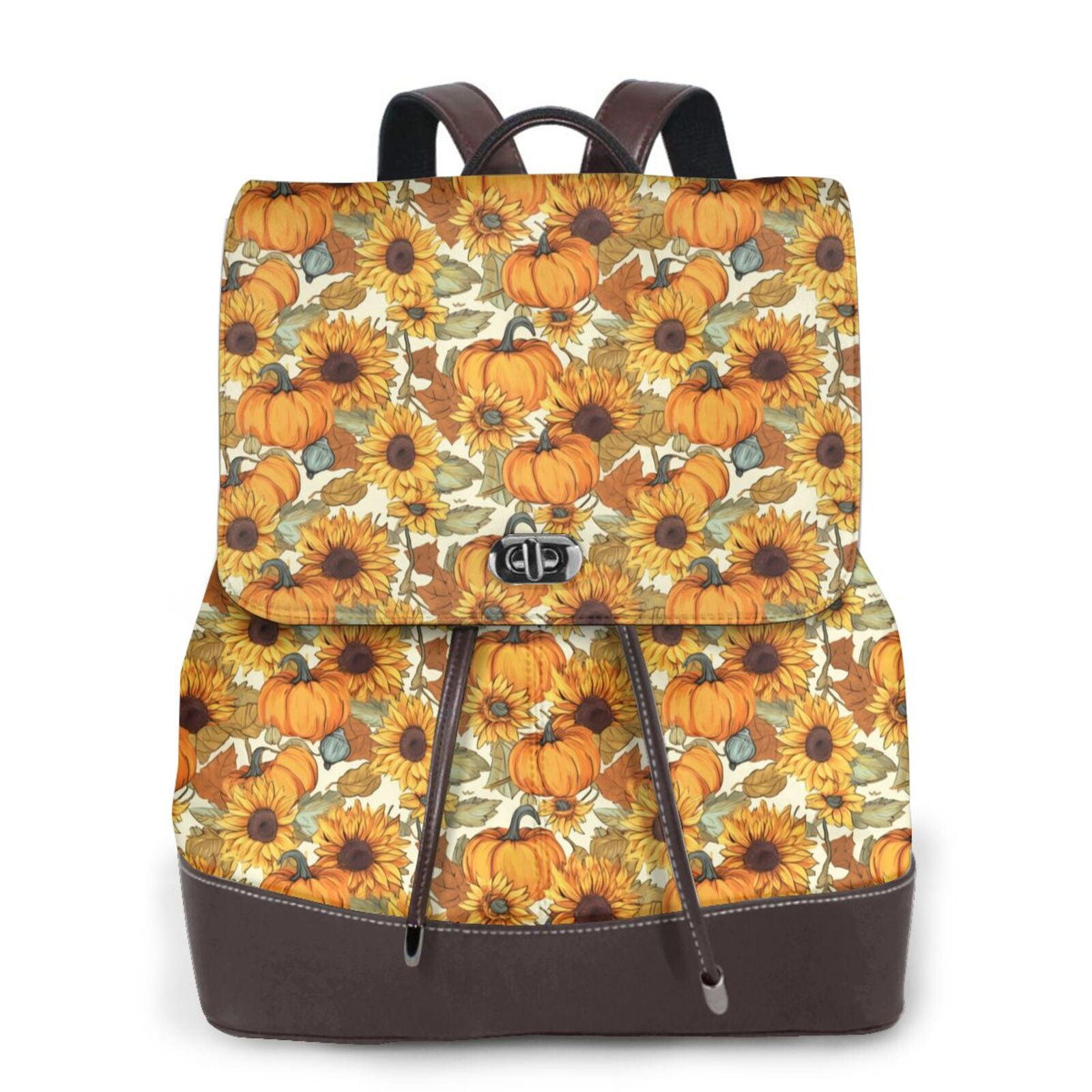 Xecao Pumpkins And Sunflowers A Print Large Backpack Soft Leather for ...