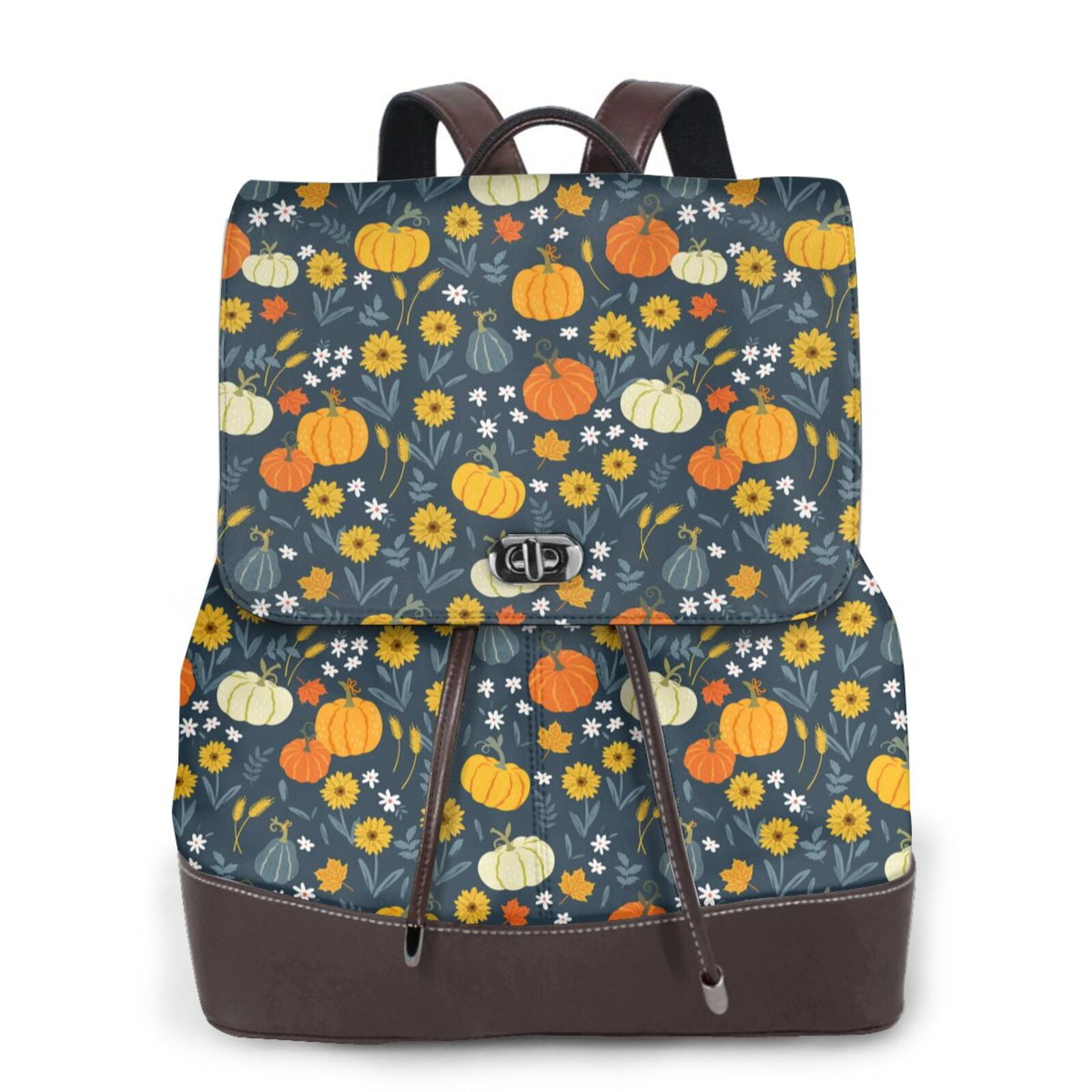 Xecao Pumpkins And Sunflowers2 Print Large Backpack Soft Leather for ...