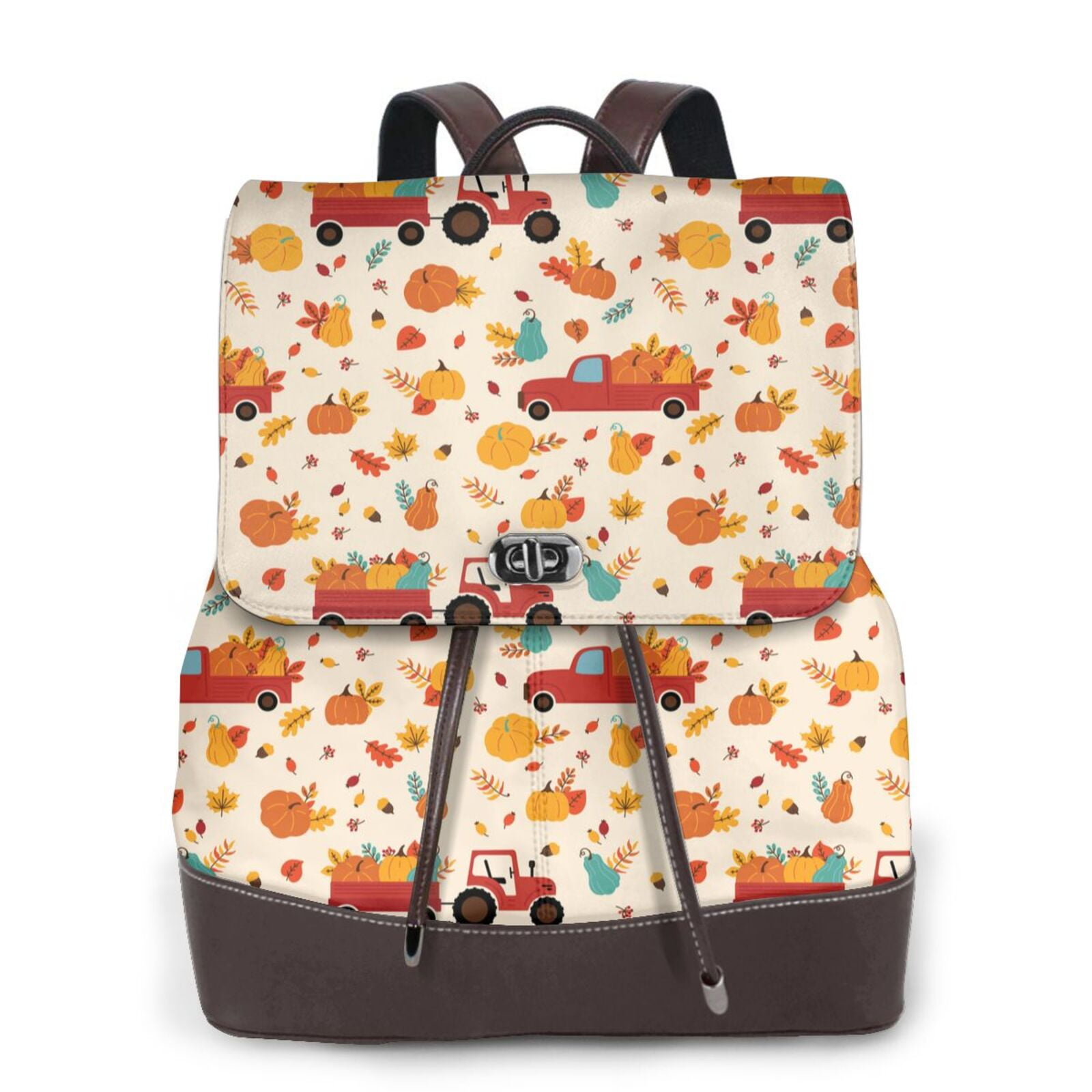 Xecao Pumpkins On Red Car And Tractor Print Large Backpack Soft Leather ...