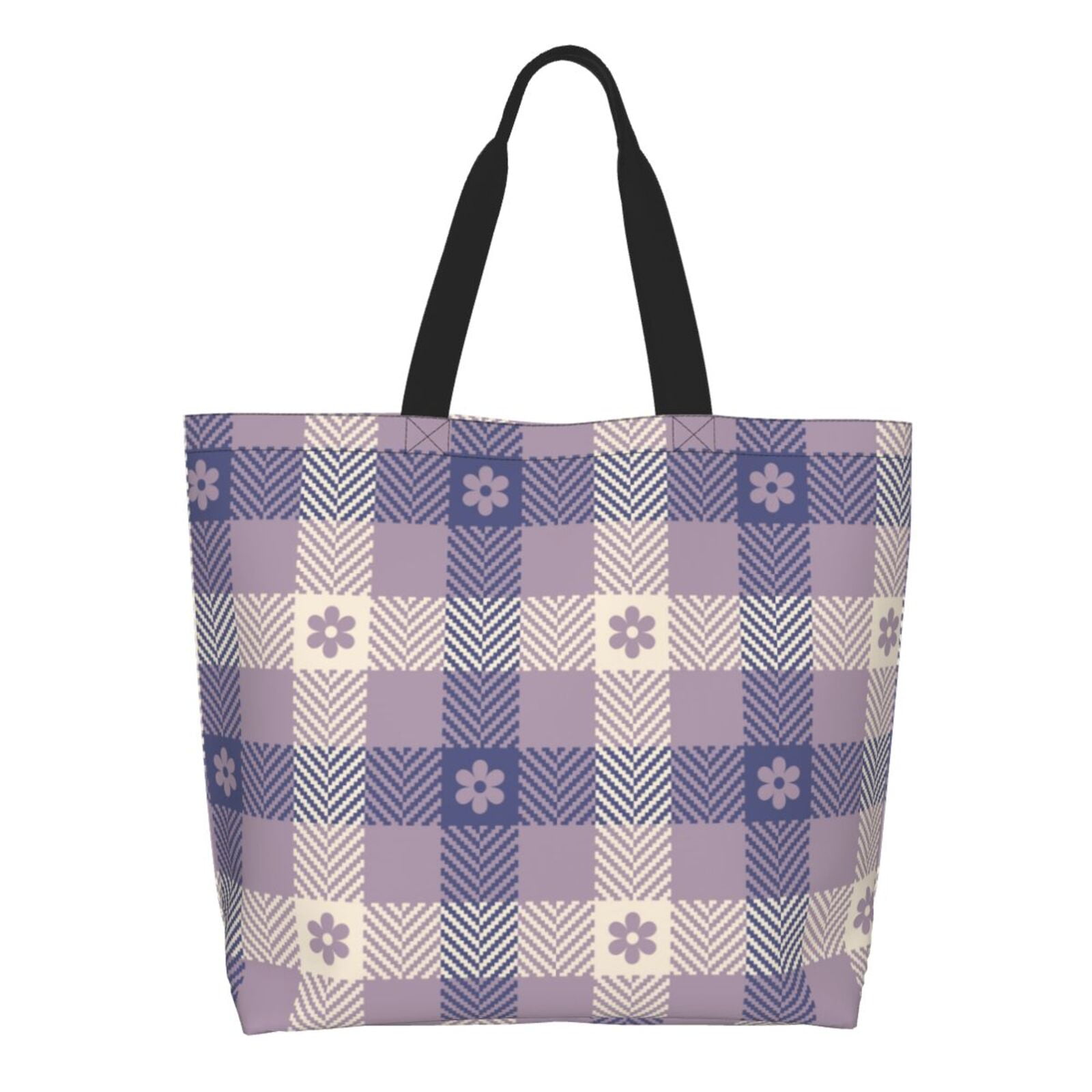 Xecao Purple Floral Gingham Check Plaid for Tote Bag for Women, Tote Shoulder Bag with a littlw ...
