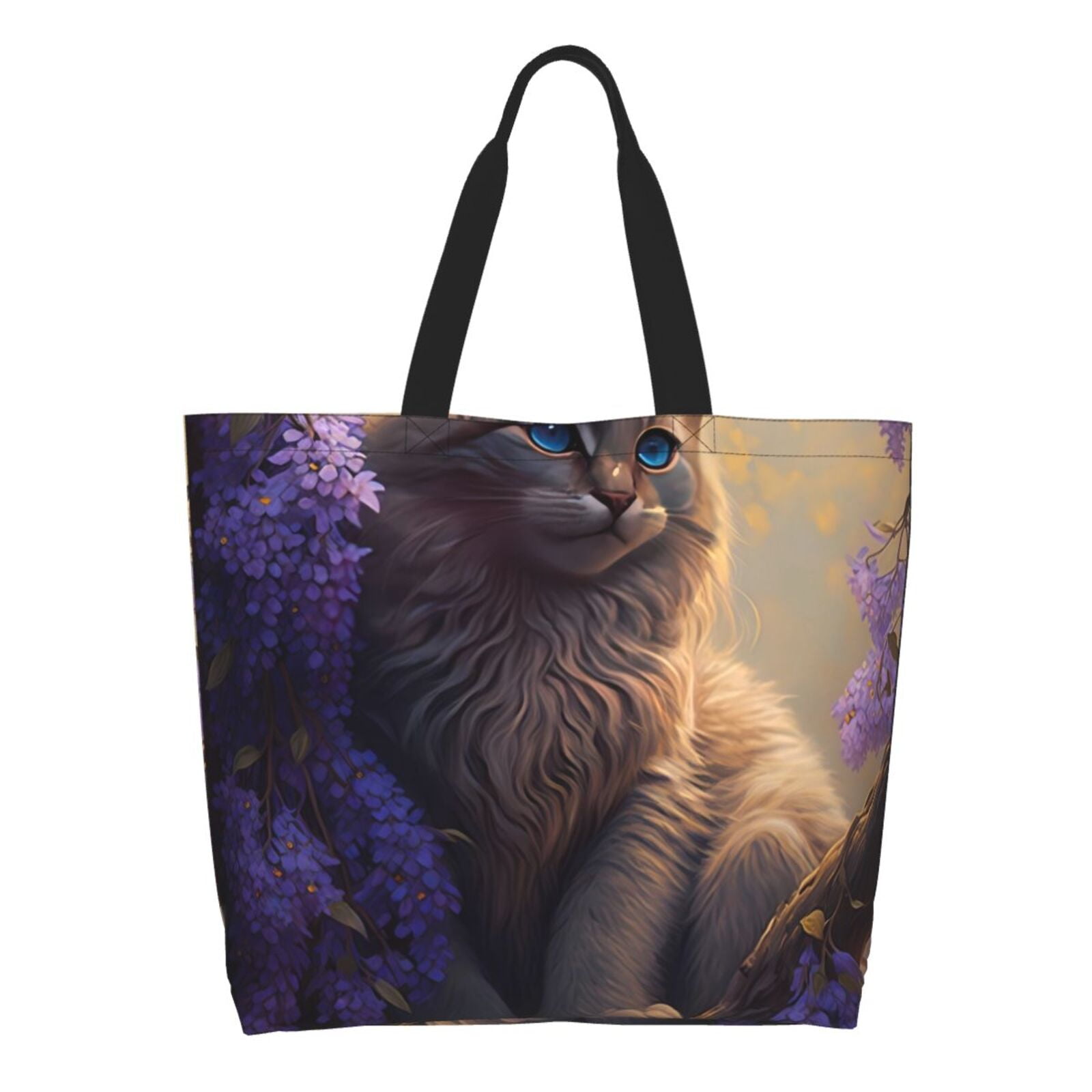 Xecao Purple Flower Lazy Cat for Tote Bag for Women, Tote Shoulder Bag with a littlw pocket and ...