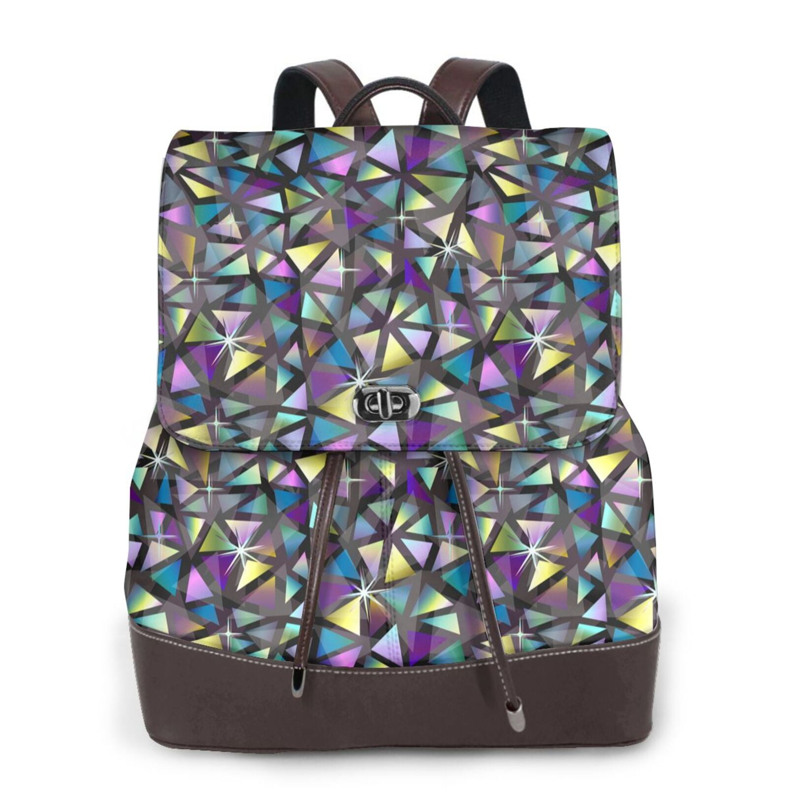 Xecao Purple-Gold Triangles Print Large Backpack Soft Leather for Women ...