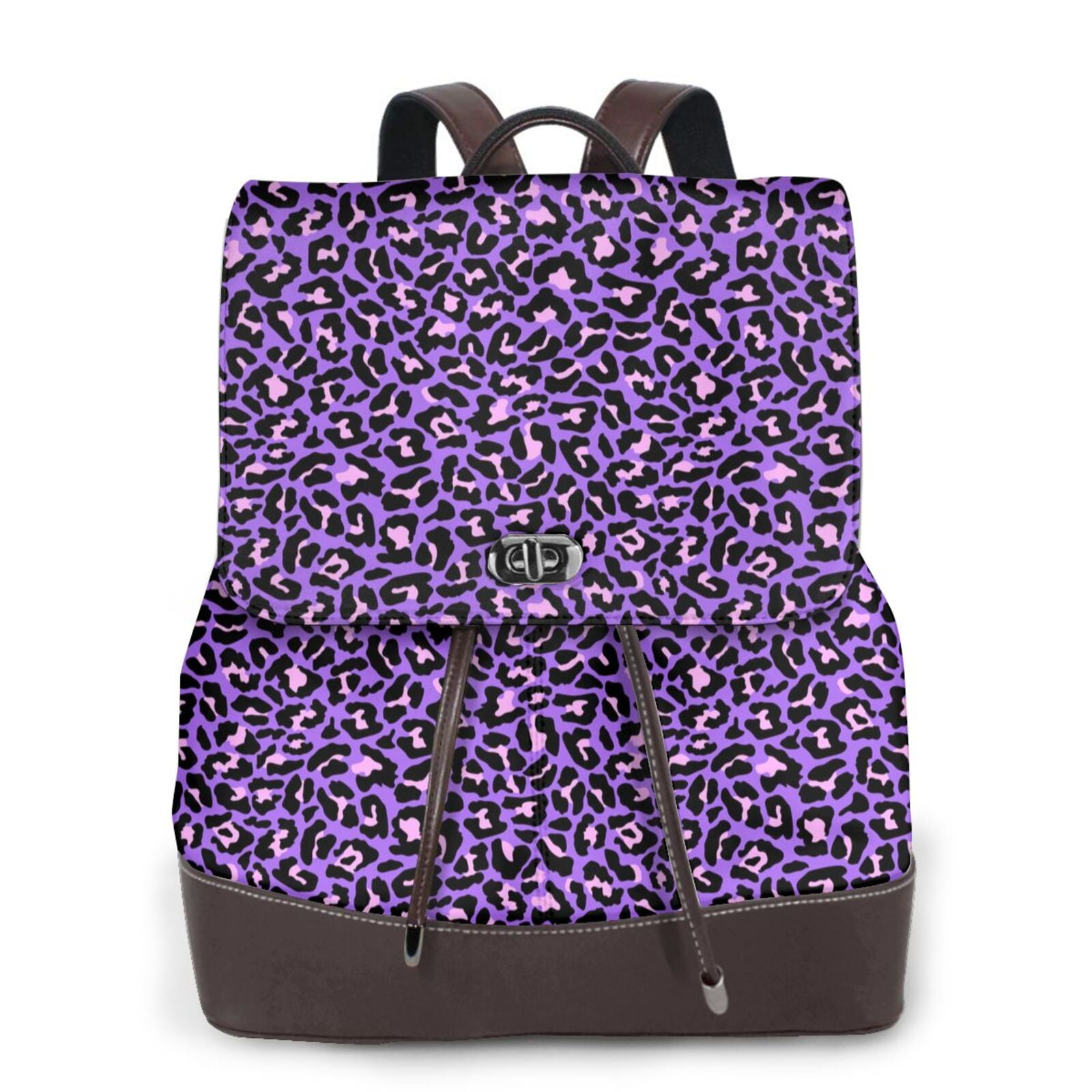Xecao Purple Leopard Print Large Backpack Soft Leather for Women Travel ...