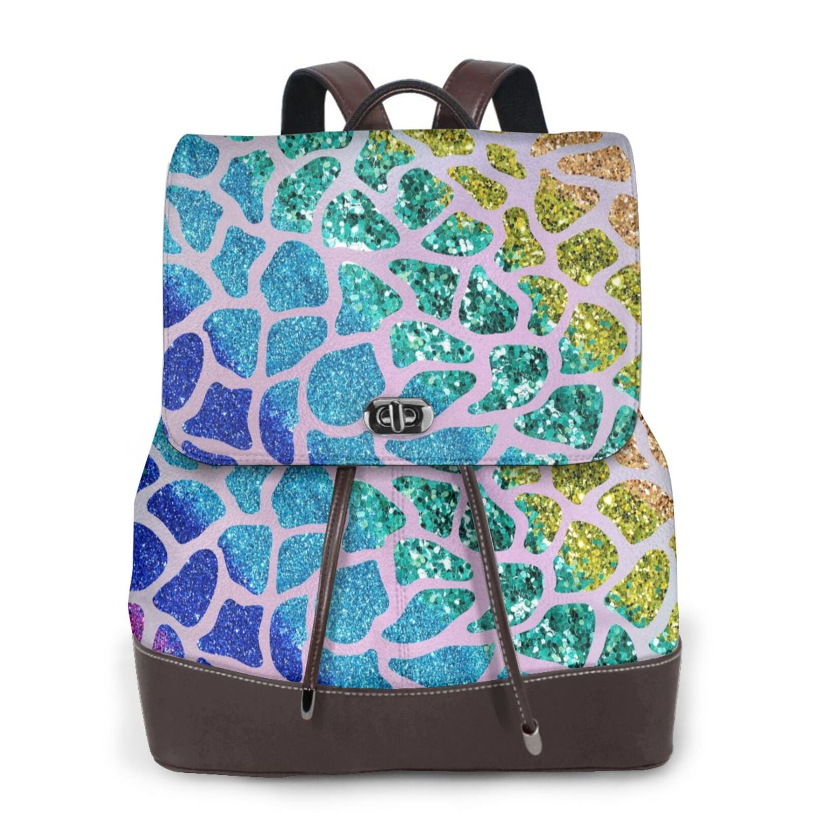 Xecao Rainbow Glitter Print Large Backpack Soft Leather for Women ...