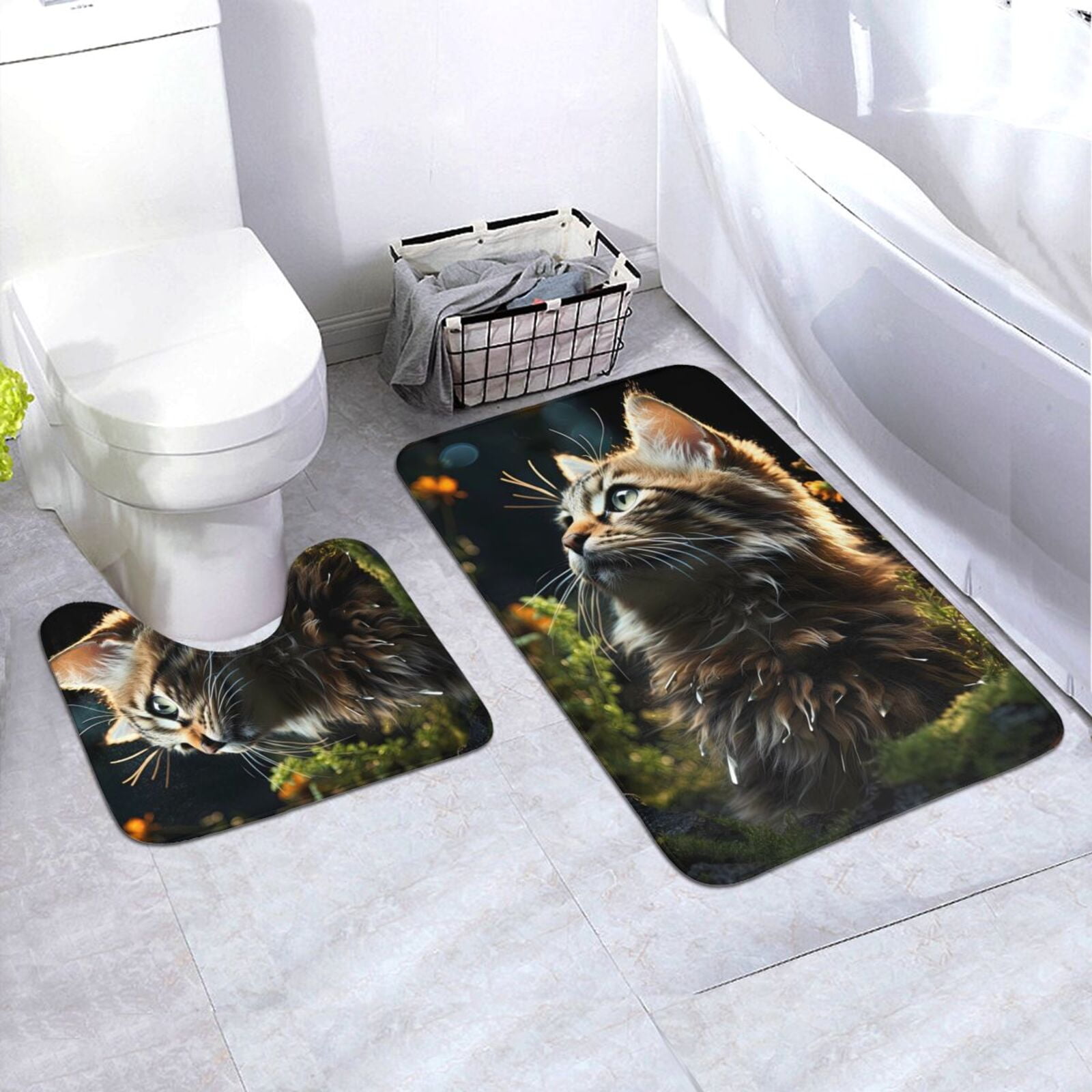 Xecao Realistic Style Cute Cat 2-Piece Vintage Seamless Anti-Skid Mat ...