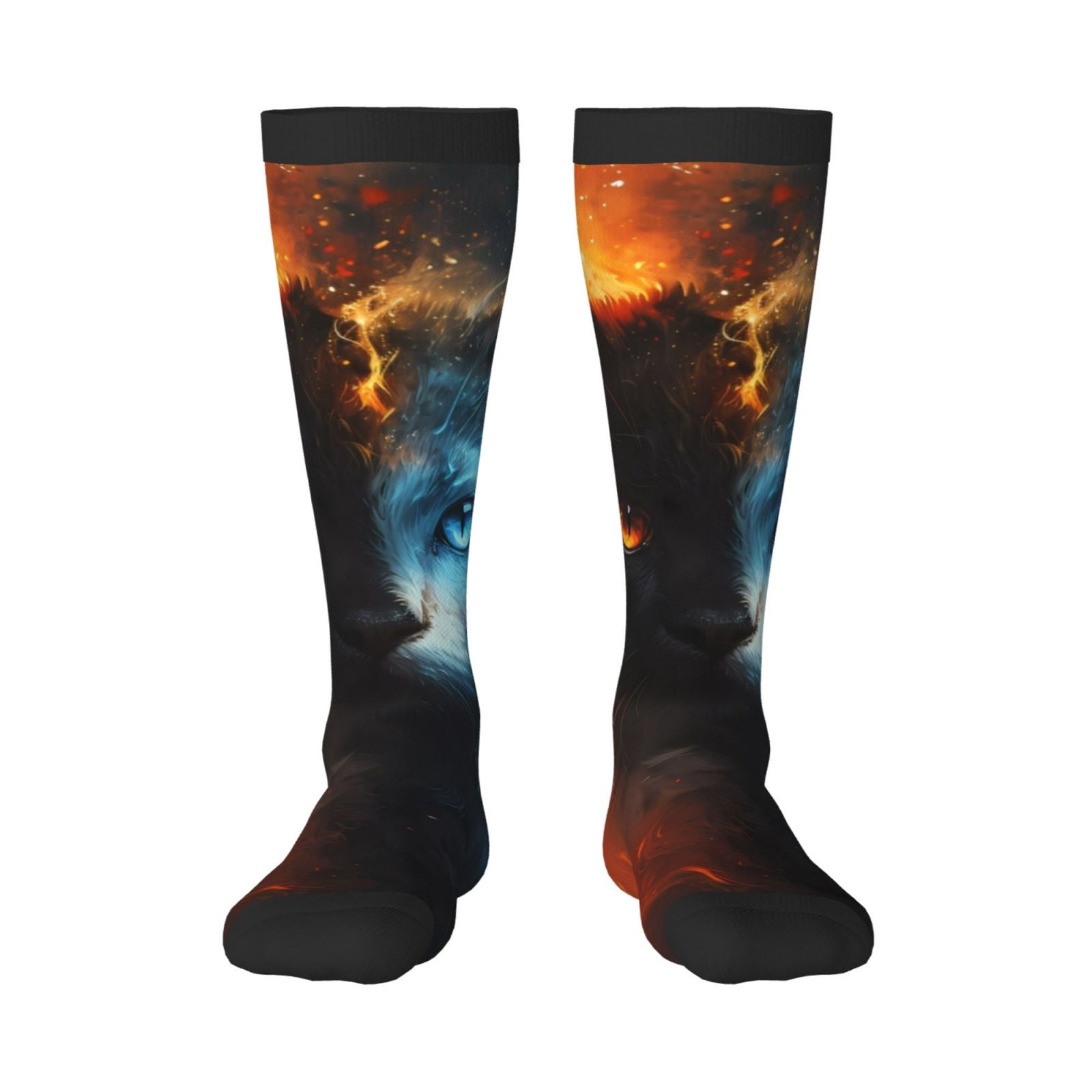Xecao Red And Blue Fire Cat print thigh-high socks, crafted for both ...