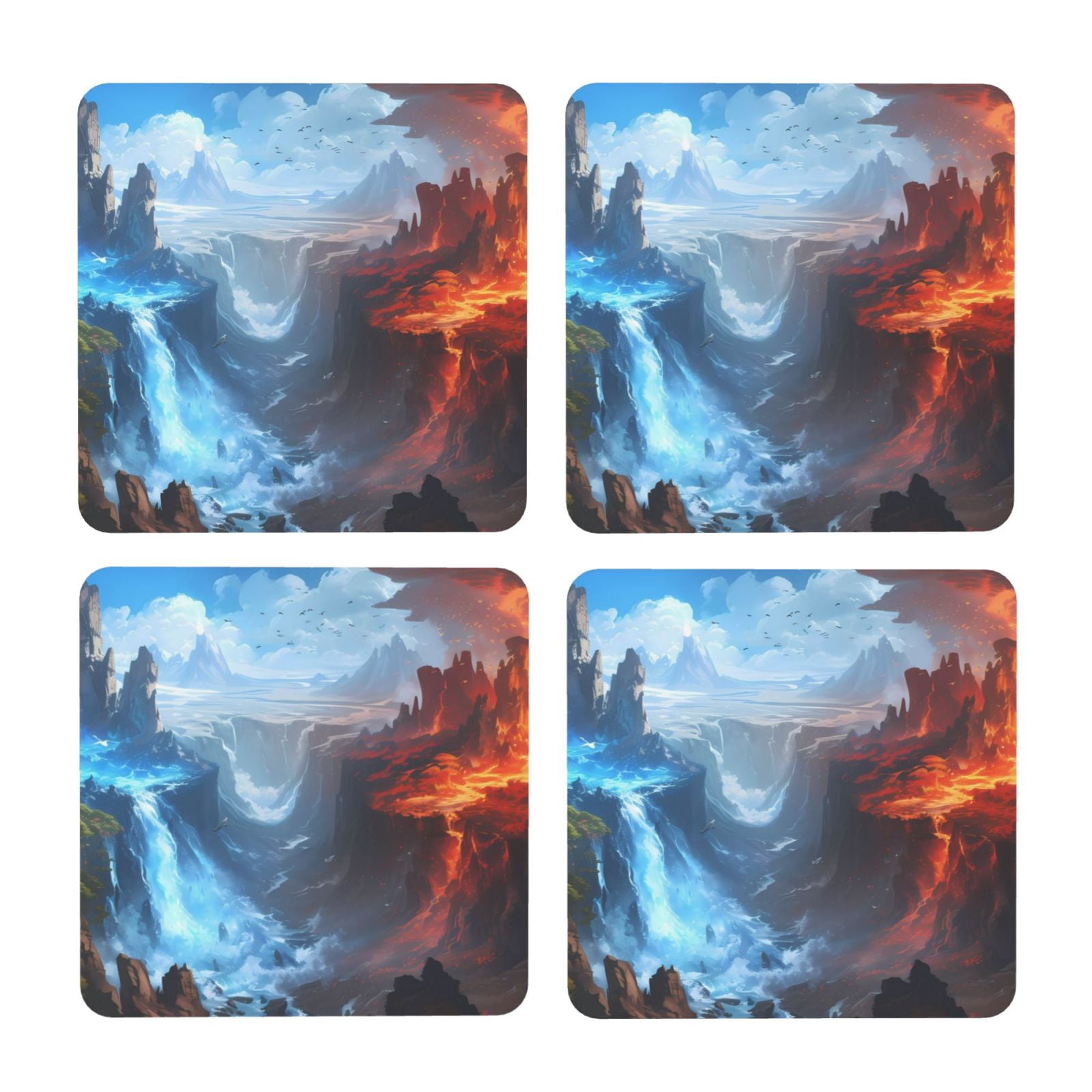 Xecao Red And Blue Fire Mountains for MDF Cork Coaster 4 Pcs,Drink ...
