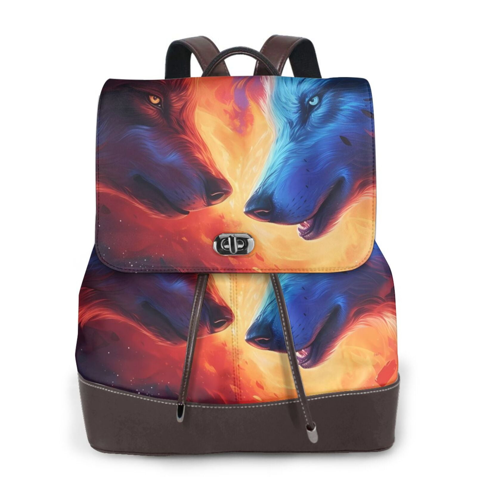 Xecao Red And Blue Fire Wolf Print Large Backpack Soft Leather for ...