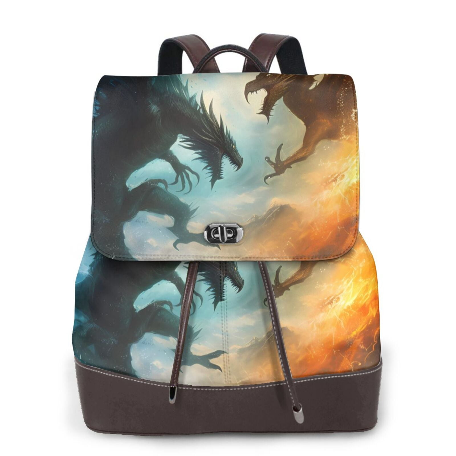 Xecao Red And Blue Flame Wave Dragon Print Large Backpack Soft Leather ...