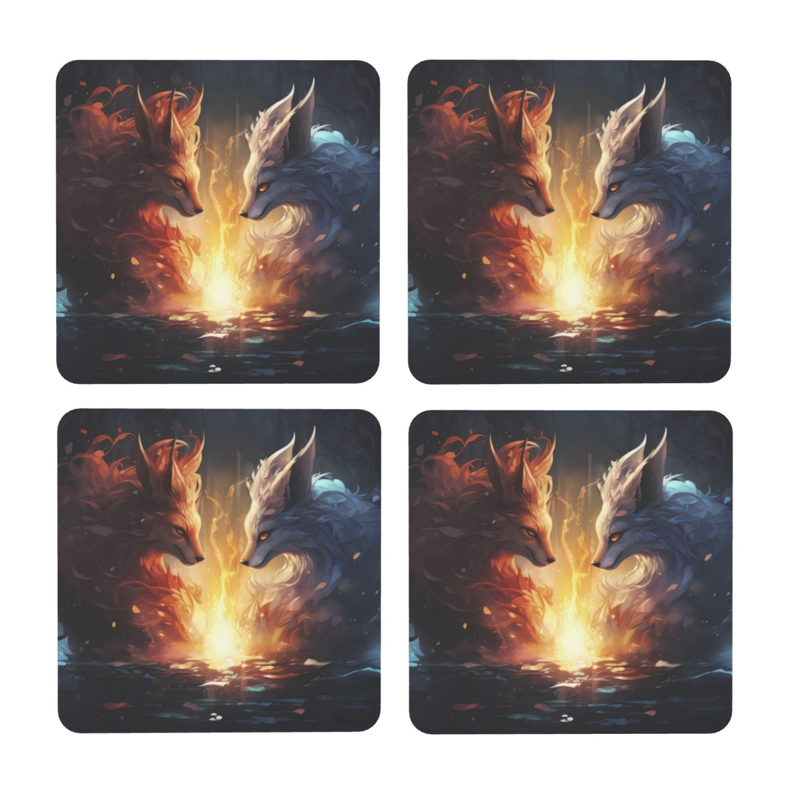 Xecao Red And White Flame Fox for MDF Cork Coaster 4 Pcs,Drink Coasters ...