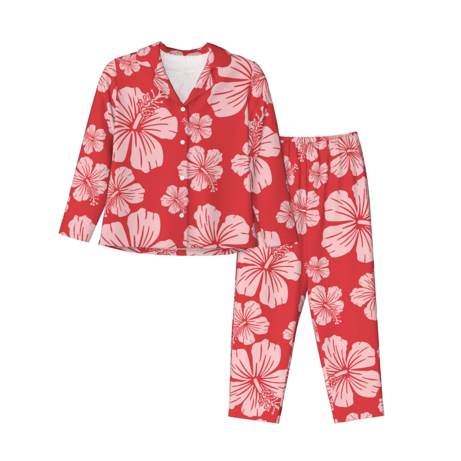 Xecao Red Hibiscus Flower Print Women Pajamas Set Soft Sleepwear Pjs ...