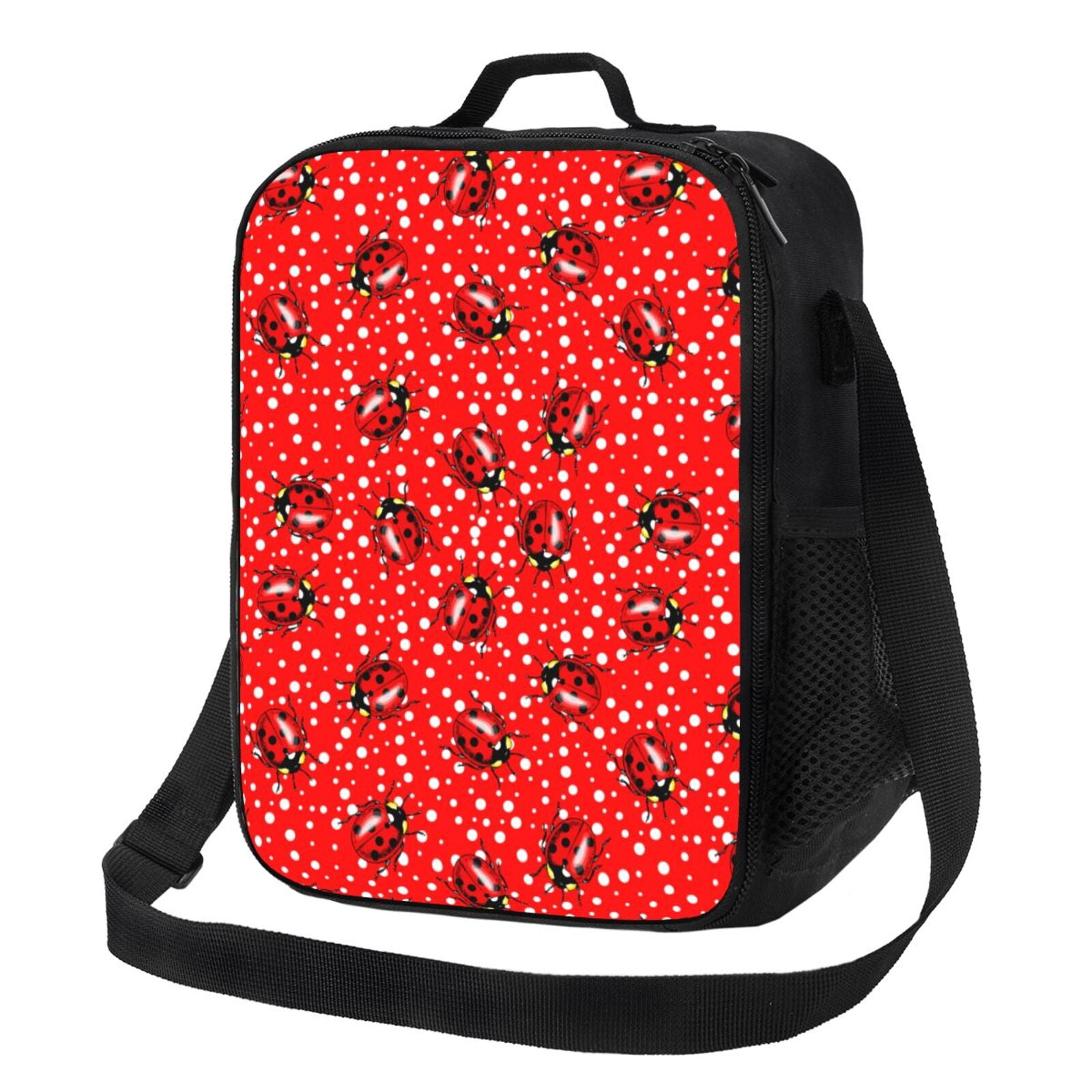 Xecao Red Ladybugs On White Dotted Print Lunch Bag - Durable, Double ...