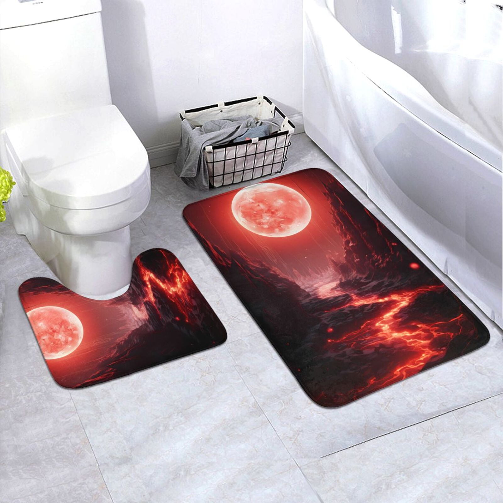 Xecao Red Moon Lava 2-Piece Vintage Seamless Anti-Skid Mat Set ...