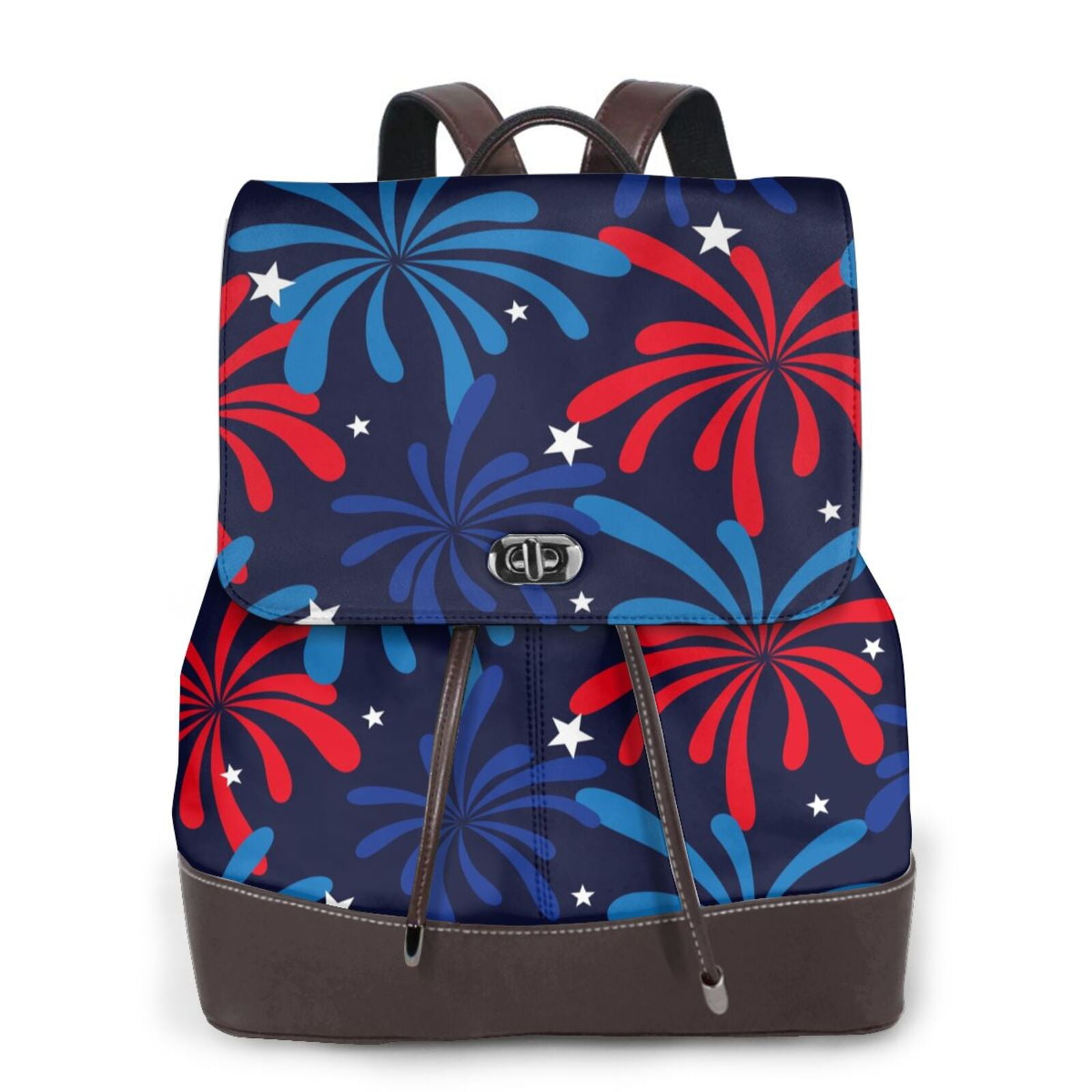Xecao Red White Blue Fireworks Print Large Backpack Soft Leather for ...