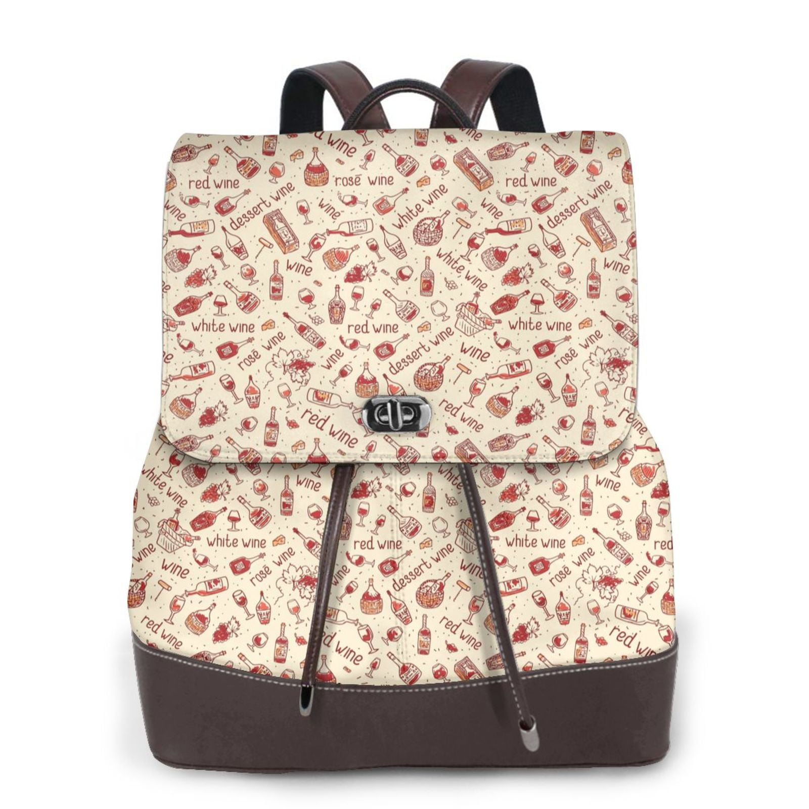 Xecao Red Wine Print Large Backpack Soft Leather for Women Travel with ...