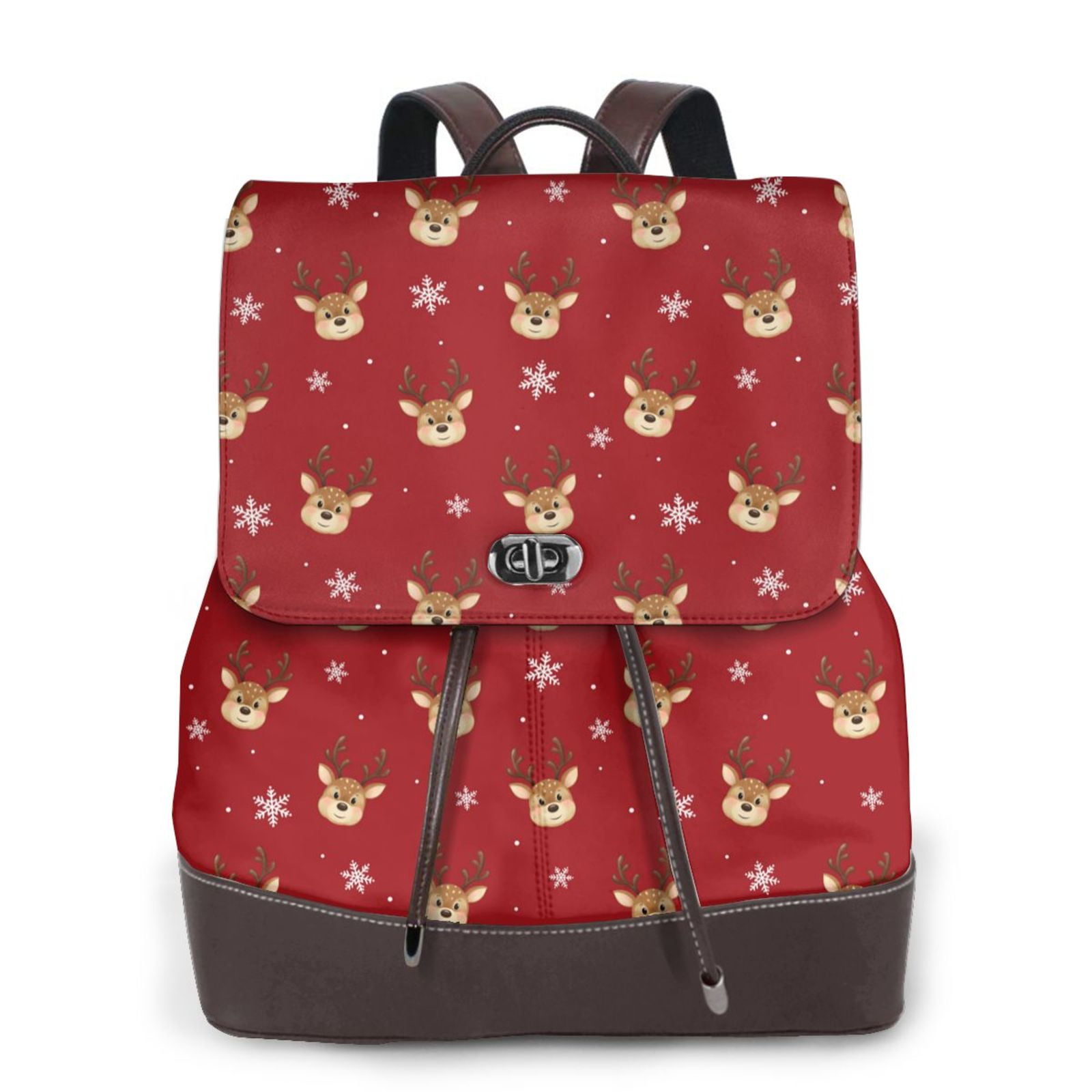 Xecao Reindeer Faces Festive Red Print Large Backpack Soft Leather for ...
