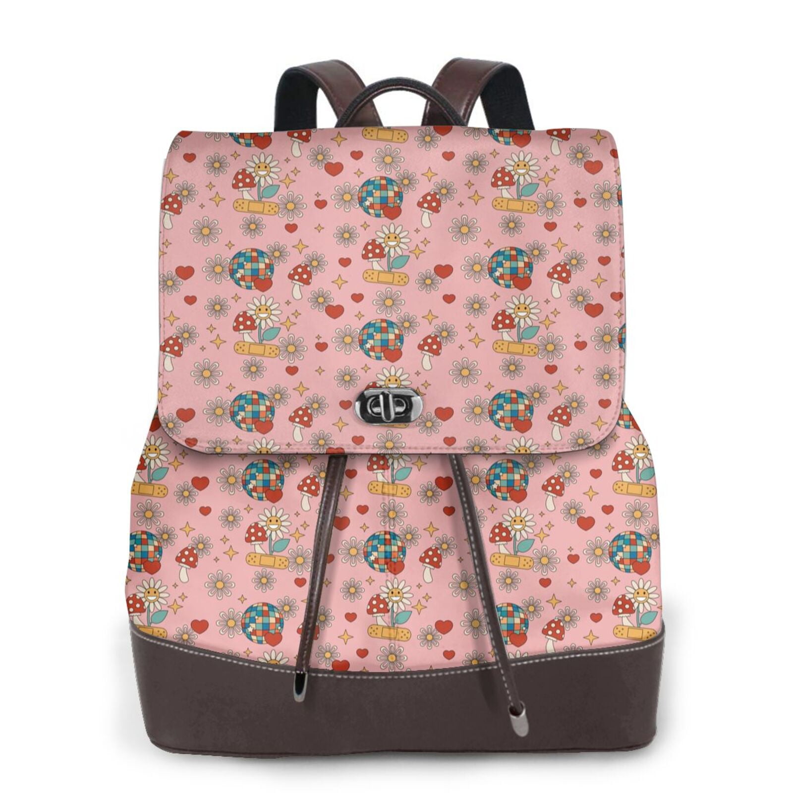 Xecao Retro 70s 60s Hippie Flower Print Large Backpack Soft Leather for ...