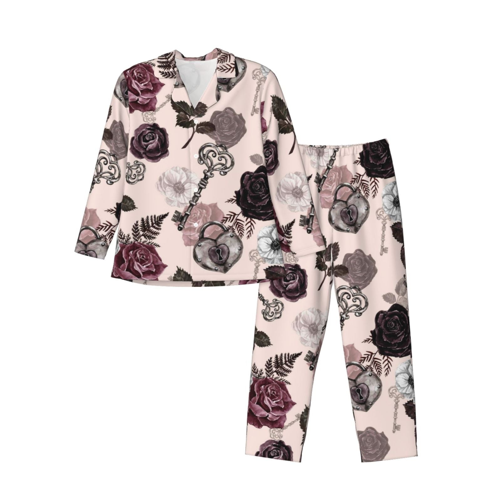 Xecao Retro Red Black Roses Print Pajamas Set Mens Pajamas Long Sleeve ...