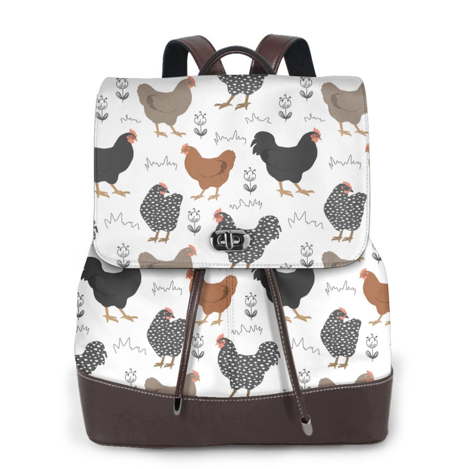 Xecao Retro Rooster Print Large Backpack Soft Leather for Women Travel ...