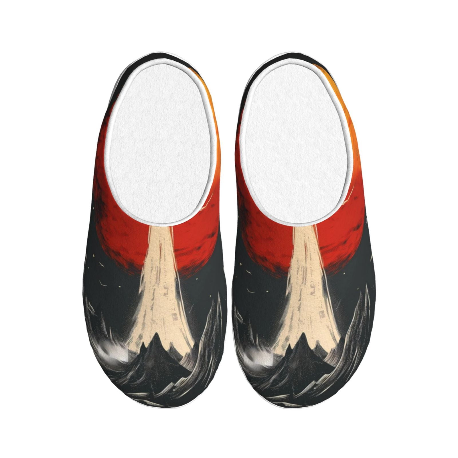 Xecao Retro Space Rocket Launch Print Cotton Slippers Fuzzy Warm Cozy ...