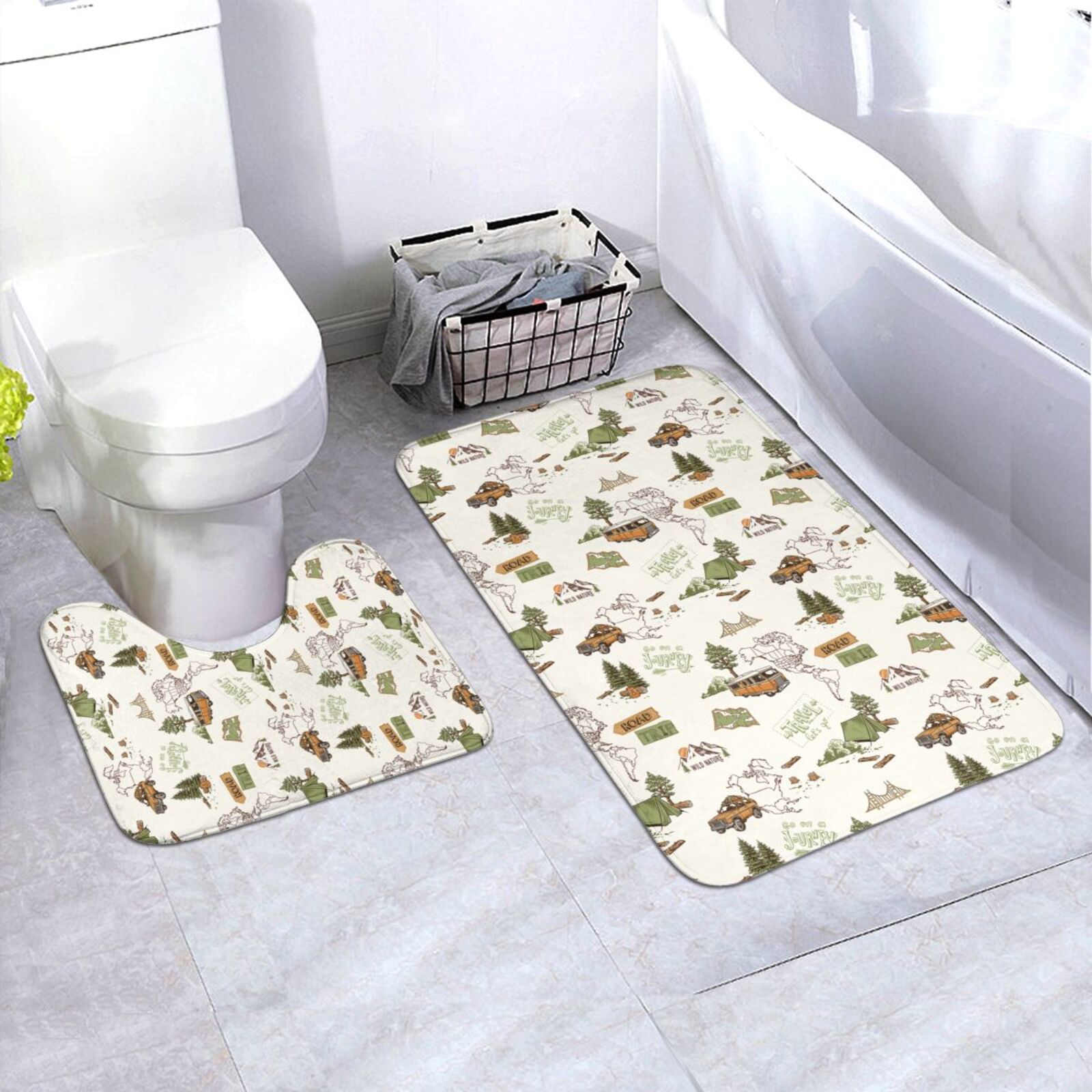 Xecao Road Trip 2-Piece Vintage Seamless Anti-Skid Mat Set, featuring a ...