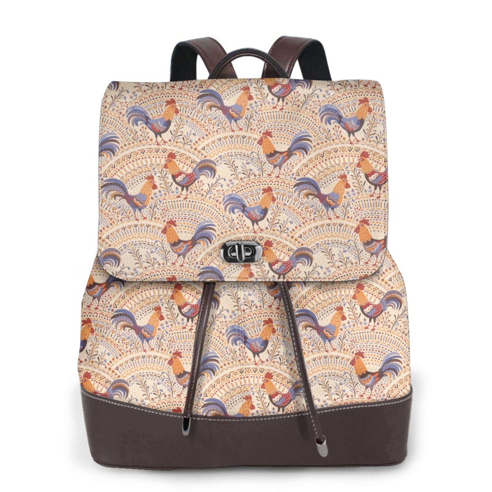 Xecao Roosters In Floral Print Large Backpack Soft Leather for Women ...