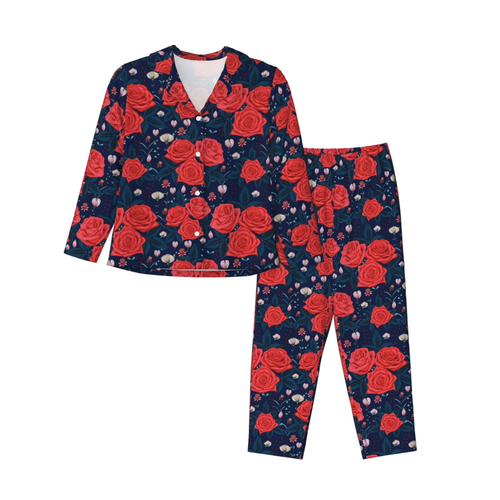 Xecao Rose Flower Print Women Pajamas Set Soft Sleepwear Pjs long ...