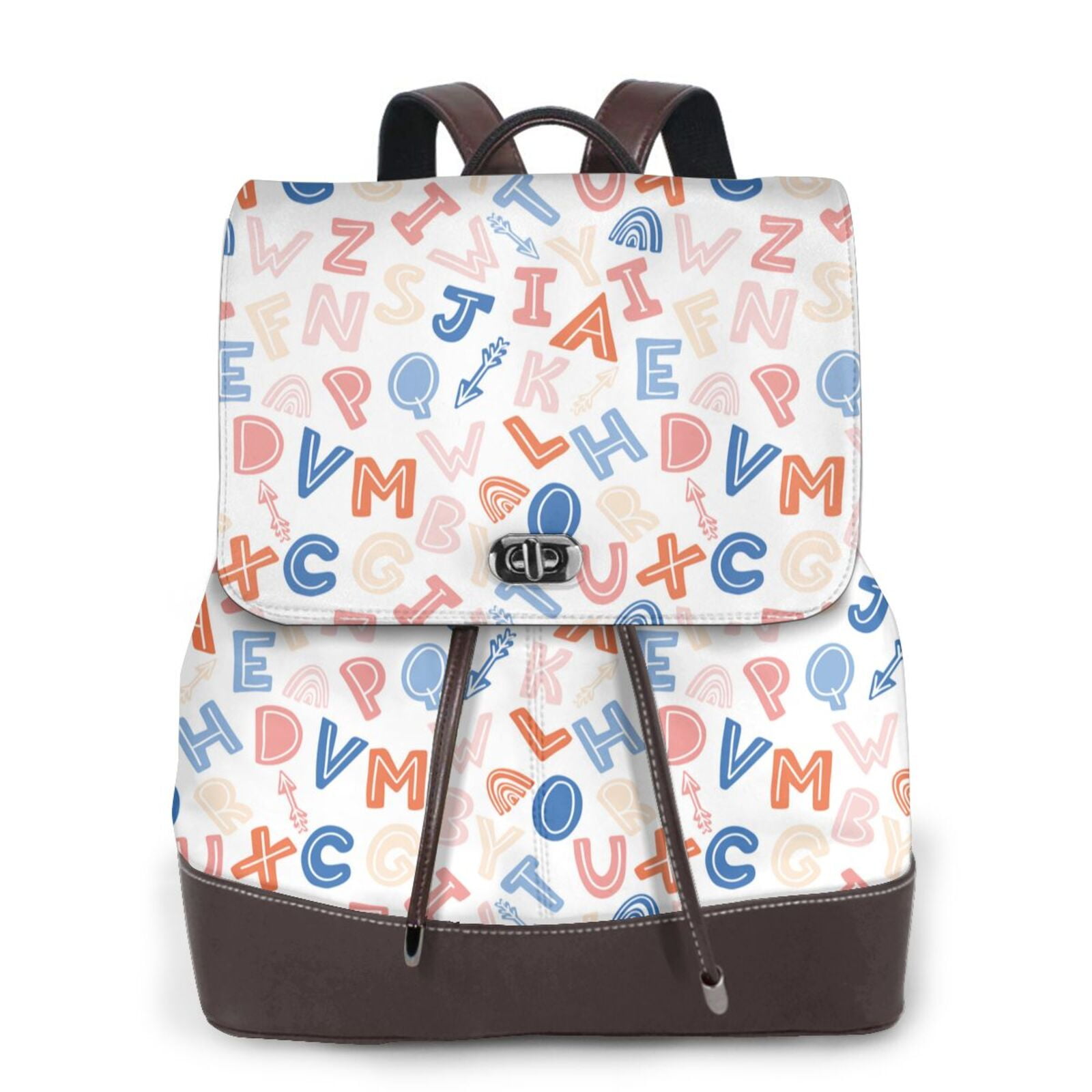 Xecao Scandinavian Alphabet Print Large Backpack Soft Leather for Women ...
