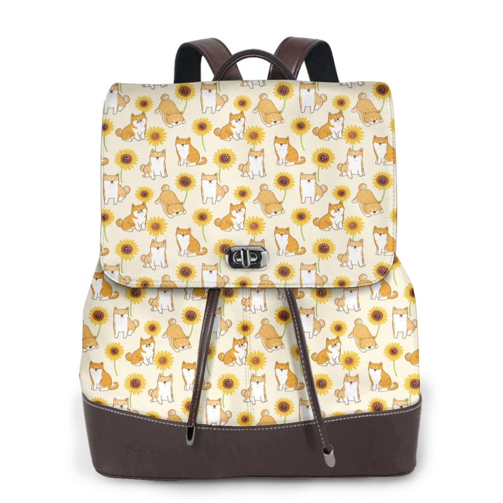 Xecao Shiba Inu Sunflower Print Large Backpack Soft Leather for Women ...