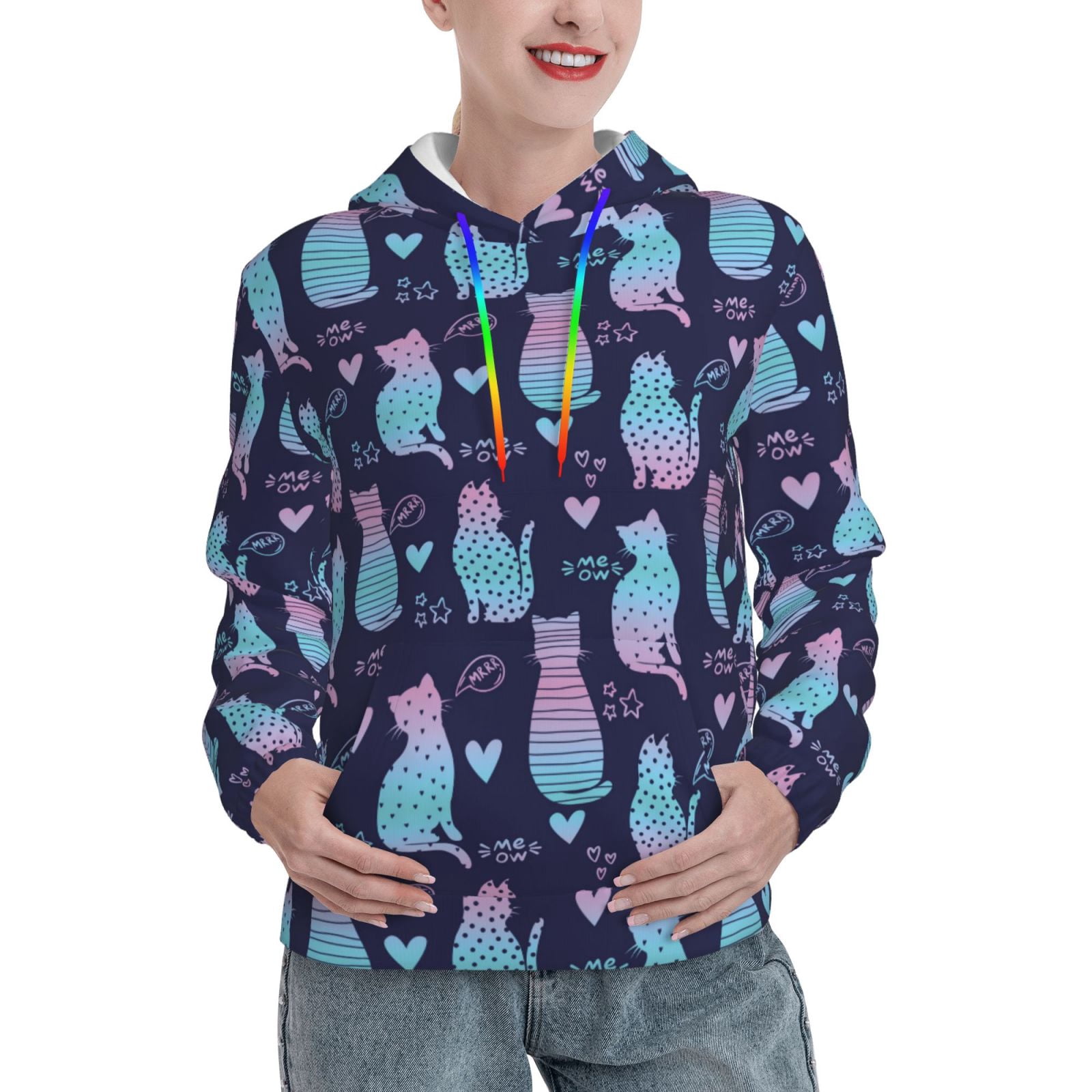 Xecao Silhouette Cats Pattern Hoodies for Women Sweatshirts Long Sleeve ...