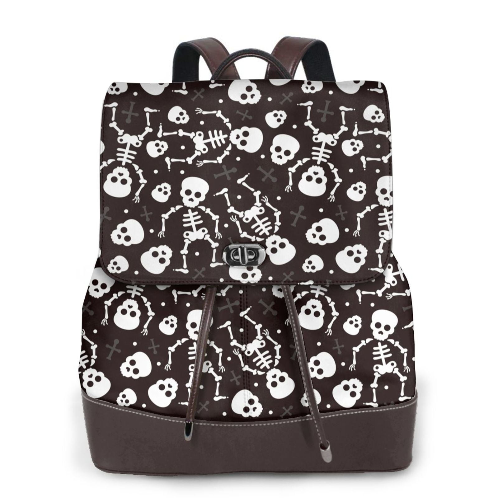 Xecao Skeleton Print Large Backpack Soft Leather for Women Travel with ...