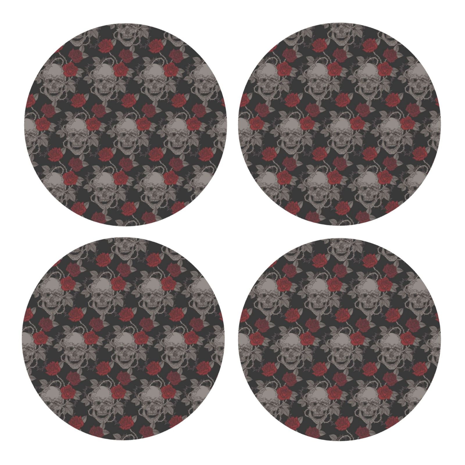 Xecao Skull and Red Roses for MDF Cork Coaster 4 Pcs,Drink Coasters ...