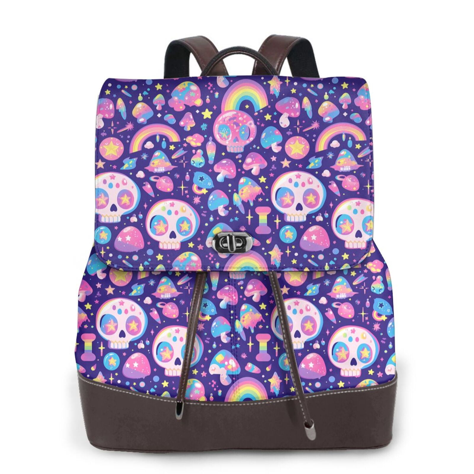 Xecao Skull mushroom rainbow Print Large Backpack Soft Leather for ...